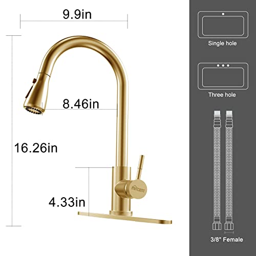 Mitcent Kitchen Faucet with Pull Down Sprayer 16 Inch, Champagne Bronze, with Deck Plate, High Arc Single Handle, 1 or 3 Holes, Stainless Steel for Kitchen Sink
