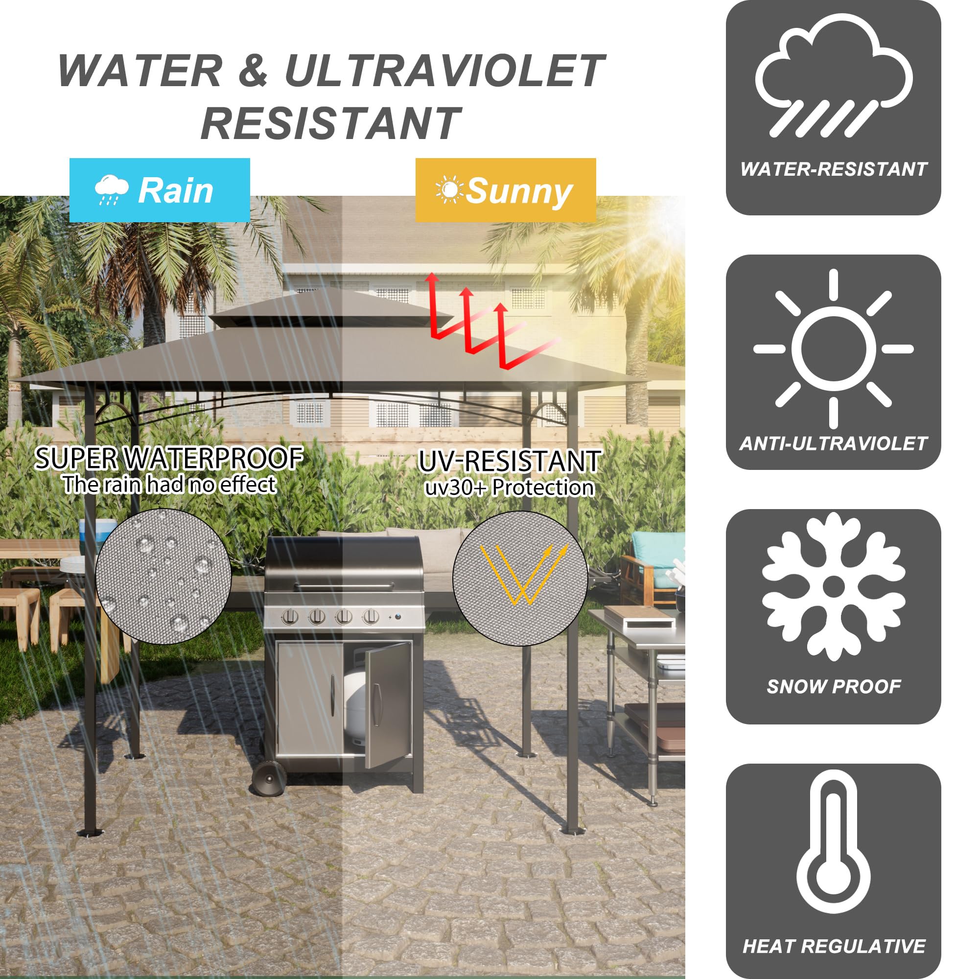 HGPZ 8 x 5 FT Grill Pergola Tent with Air Vent Double Tiered BBQ Gazebo Outdoor Barbecue Canopy, Gray