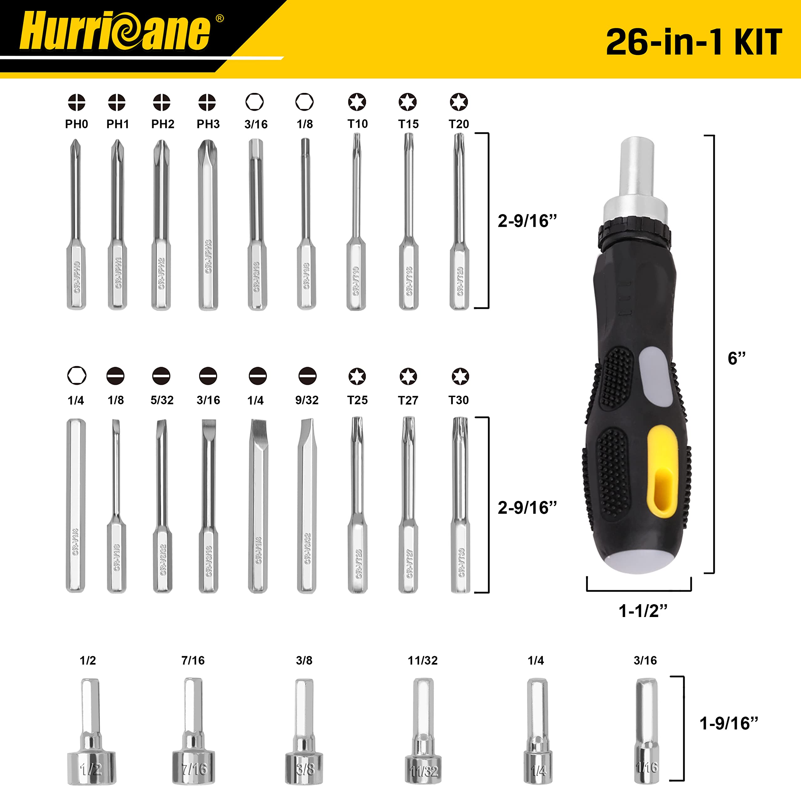 Hurricane 26 Piece Ratcheting Screwdriver Set with Chrome Vanadium Steel Bits, Durable Nylon Pouch