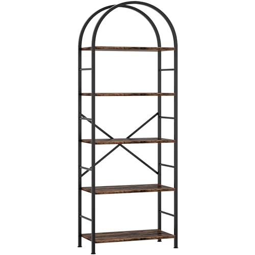Shintenchi Bookshelf, Arched Bookshelf 5 Tier Bookcase, Tall Bookcase Shelf for CDs/Books, Home Office Bookcase Shelf Storage Organizer, Modern Book Shelf for Bedroom/Living Room, Rustic Brown