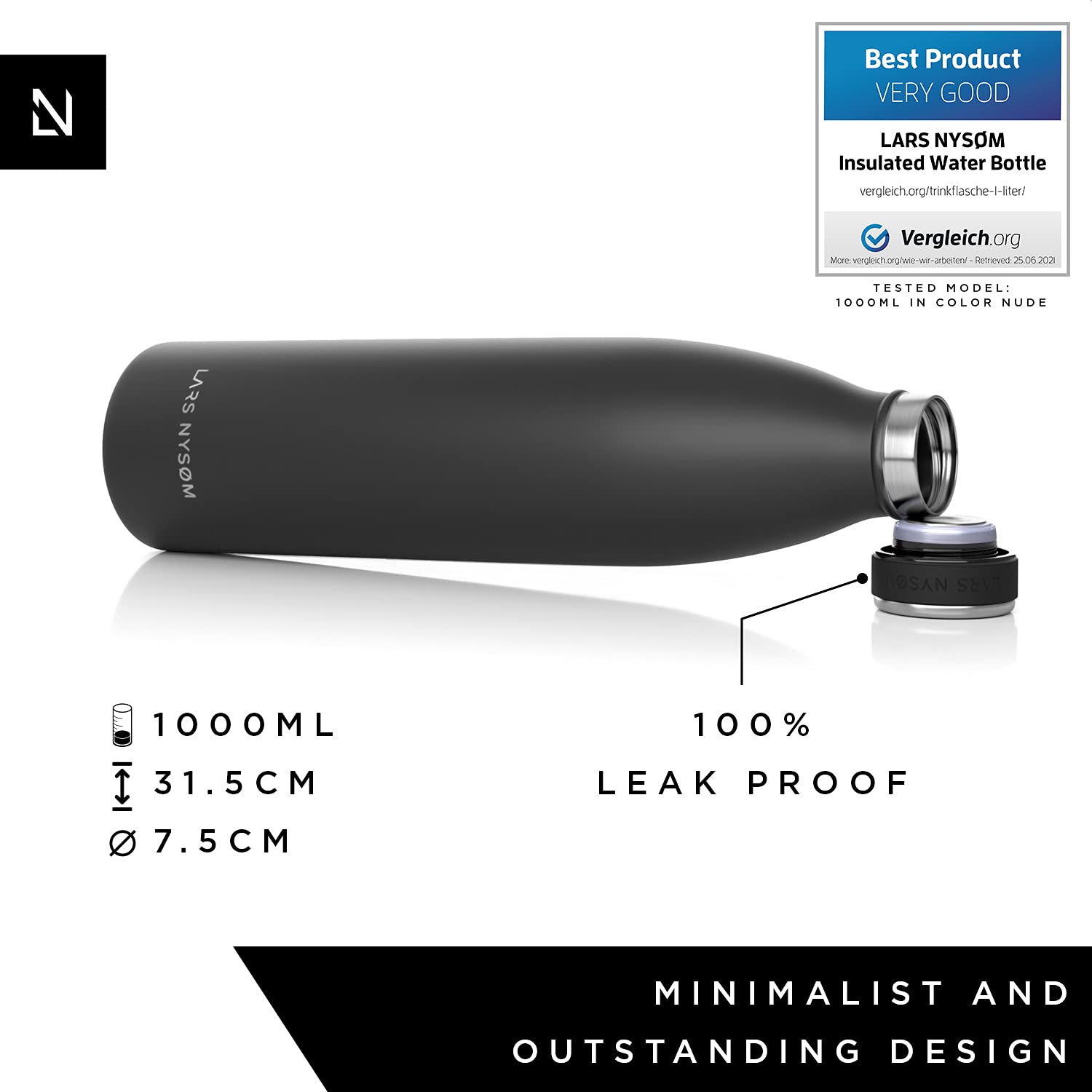 LARS NYSØM Stainless Steel Insulated Water Bottle 12oz 17oz 25oz 34oz 51oz | BPA-free Insulated Thermo Flask for Hot and Cold Beverages | Leakproof Drinking Bottle