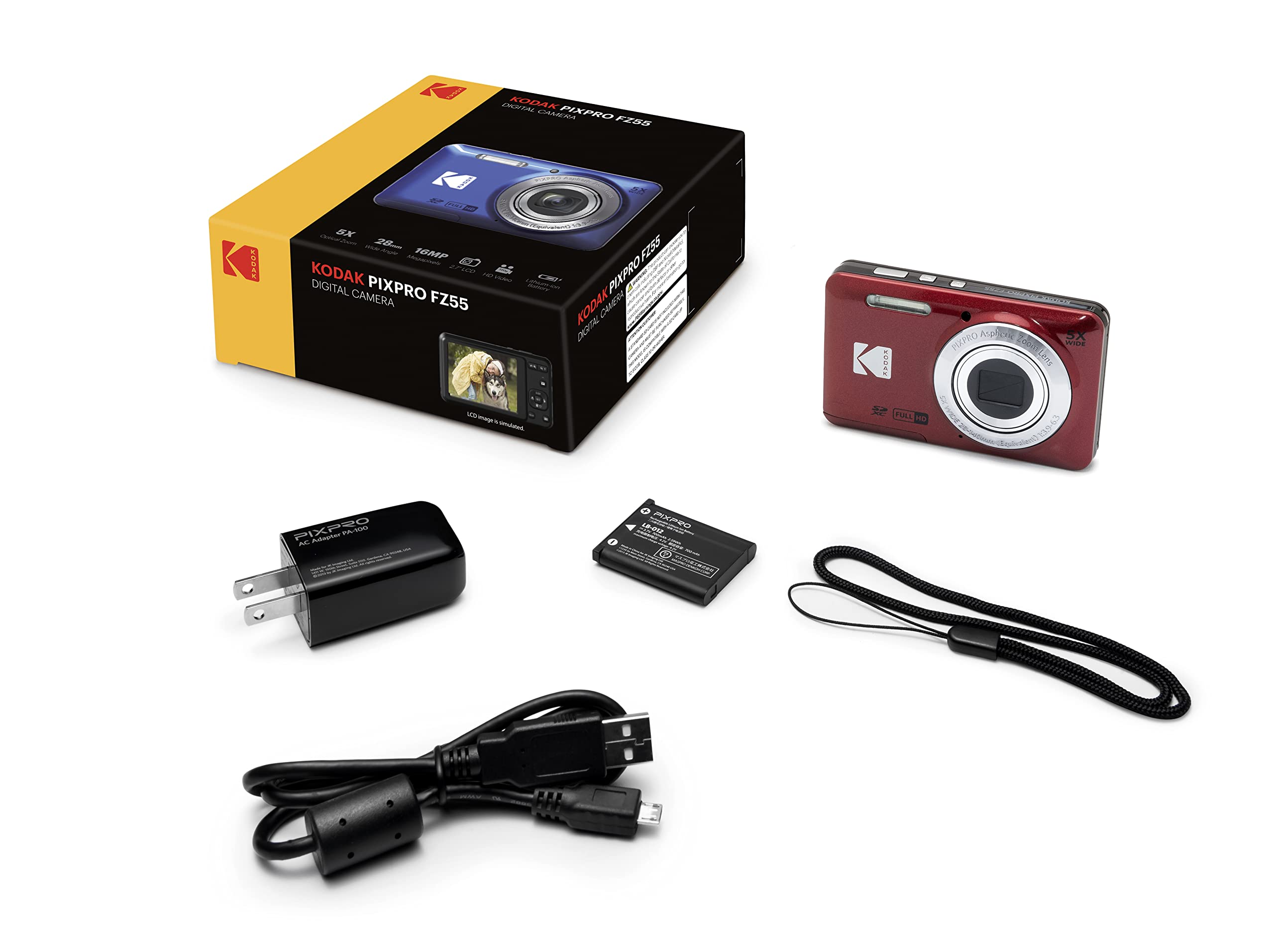 Kodak PIXPRO FZ55 Digital Camera (Red) + 32GB Memory Card + Point and Shoot Camera Case + Extendable Monopod + Lens Cleaning Pen + LCD Screen Protectors + Table Top Tripod β Ultimate Bundle