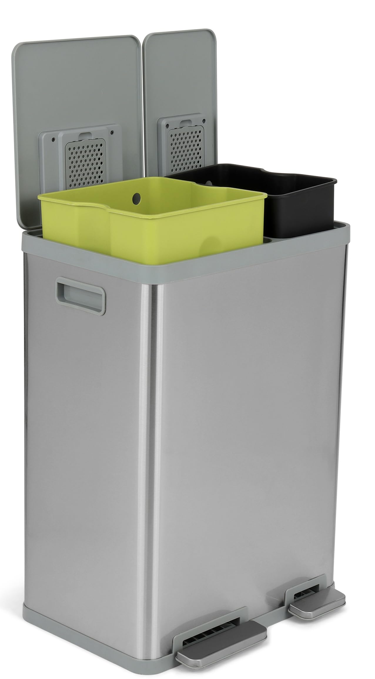 SIMPLI-MAGIC 60 Liter / 16 Gallon Rectangular Hands-Free Dual Compartment Recycling Kitchen Step Trash Can with Soft-Close Lid, Brushed Stainless Steel (38L x 22L Capacity)