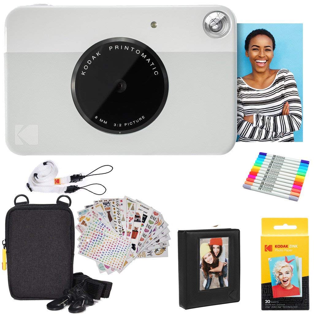 Kodak Printomatic Instant Camera (Grey) Gift Bundle + Zink Paper (20 Sheets) + Deluxe Case + 7 Fun Sticker Sets + Twin Tip Markers + Photo Album.