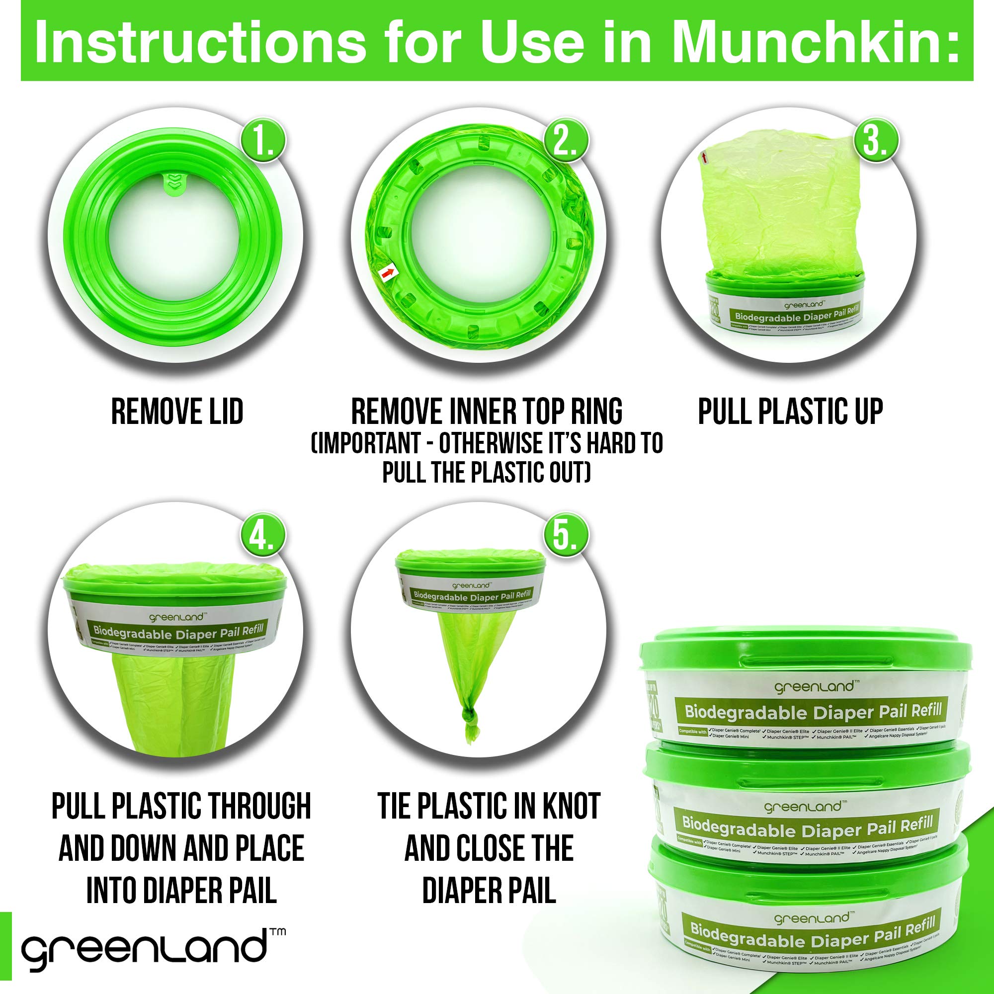 Greenland Biodegradable Diaper Pail Refills Compatible with Diaper Genie & Munchkin. Contains Silver Ion Protection. 3-Pack (960 Count – Extra Long Refills)