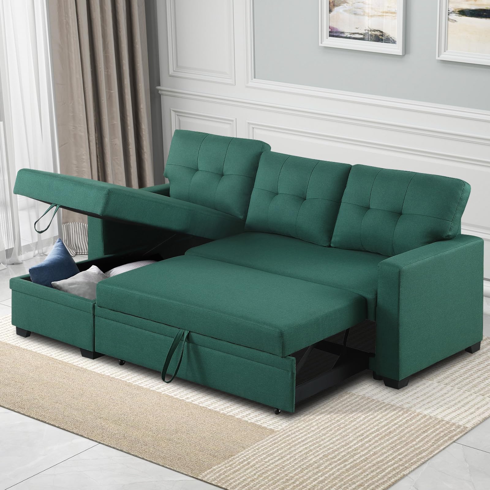 Rovibek 4-in-1 Convertible L Shaped Couch with Pull Out Bed and Storage, Sectional Sleeper Sofa with Reversible Chaise for Living Room, Apartment, Bedroom, Office