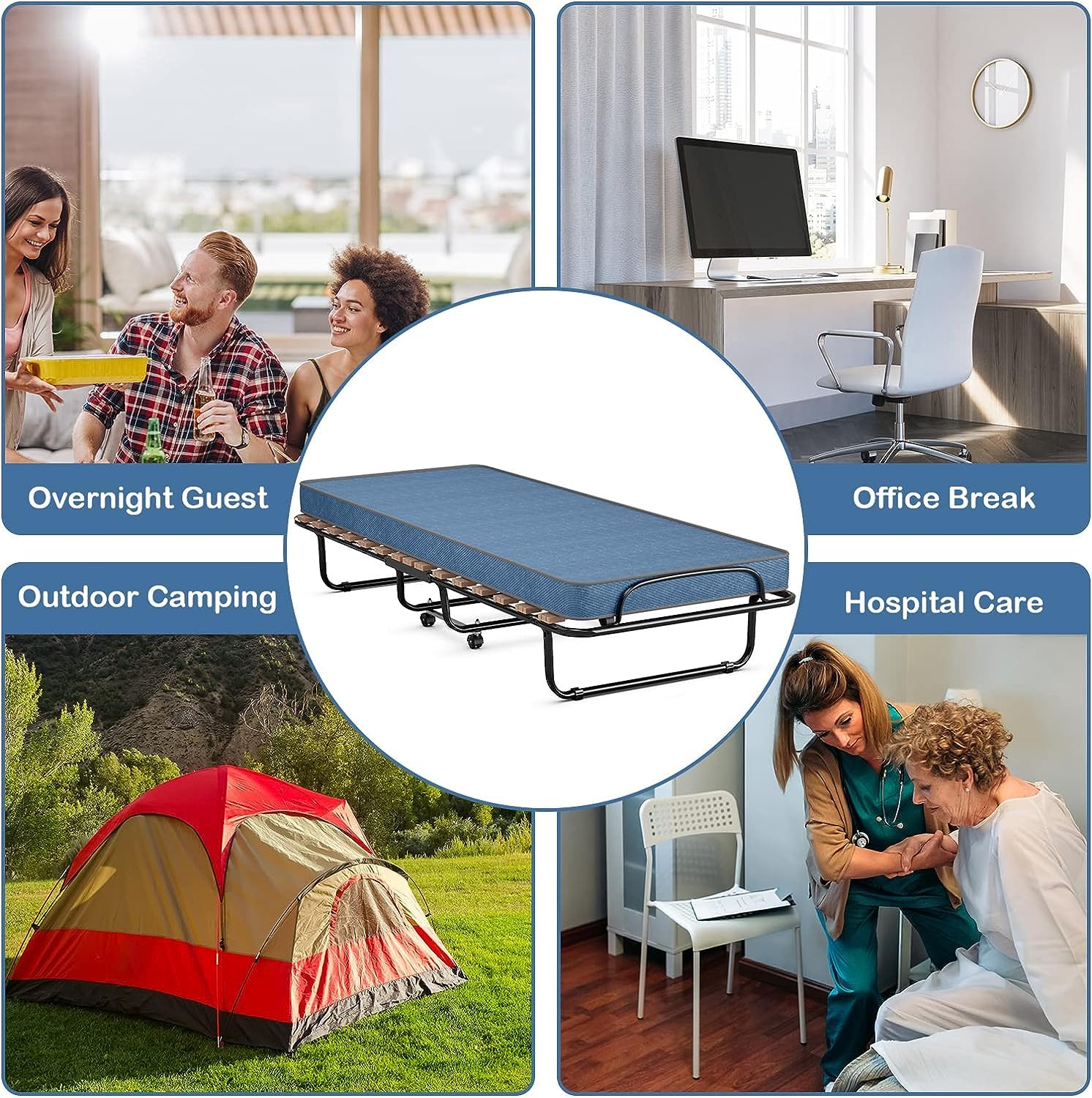 HAPPYGRILL Fold Away Bed, Fold Up Bed with Comfortable Memory Foam Mattress, 4 Universal Wheels, Sturdy Steel Frame,Potable Fold Up Bed for Home & Office, Folding Bed