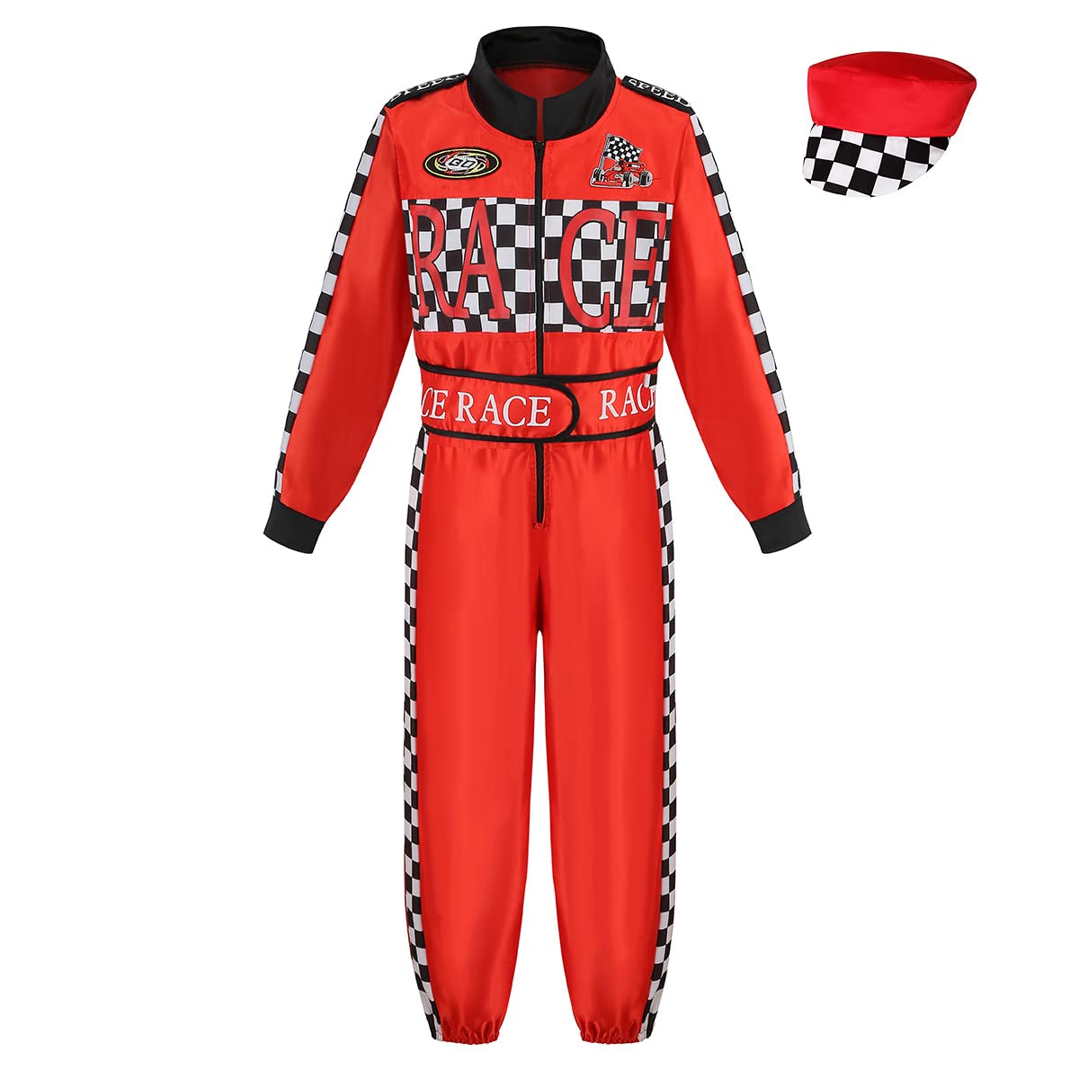 HAPNBCELE Kids Racing Suit Race Car Driver Costume Boy Speed Racer Girl Halloween Dress up Clothes for Play with Car Cap (Red, 3-4 Years