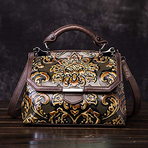 LMKIDS Genuine Leather Purses and Handbags for Women,Organizer Top Handle Satchel Vintage Embossing Totem Shoulder Bag (Coffee)