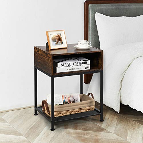Home Office Living Room Bedroom Furniture Decor Coffee Sofa Side Bedside End Industrial Table Nightstand with mesh Shelf Rustic Brown Wood and Sturdy Steel Compact Size Easy Assembly