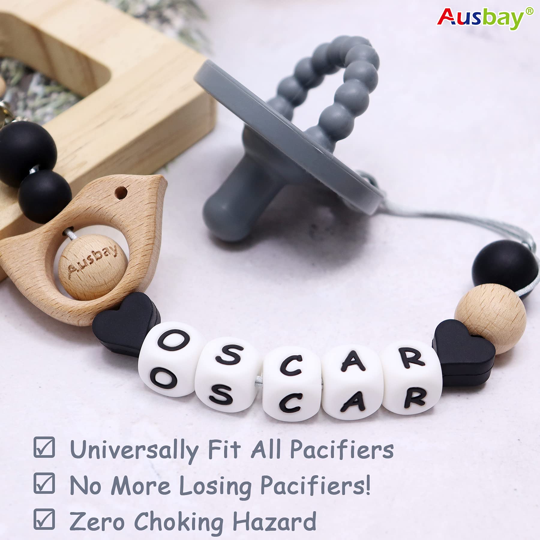 Personalized Stroller Clip with Name, Wooden Bird Shape (Grey)