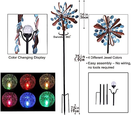 NUENUN Wind Spinner Outdoor Metal - Multi-Color Seasonal LED Lighting Solar Powered Glass Ball with Kinetic Wind Spinner Dual Direction for Patio Lawn & Garden