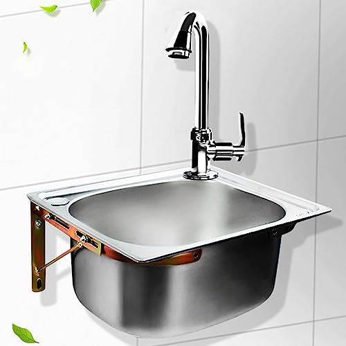 Stainless Steel Wall Mounted Commercial Restaurant Sink, Single Bowl Kitchen Sinks with Drainer Unit and Tap, Multipurpose Vanity Basin for Garage Restaurant Laundry Room Outdoor,50x40cm