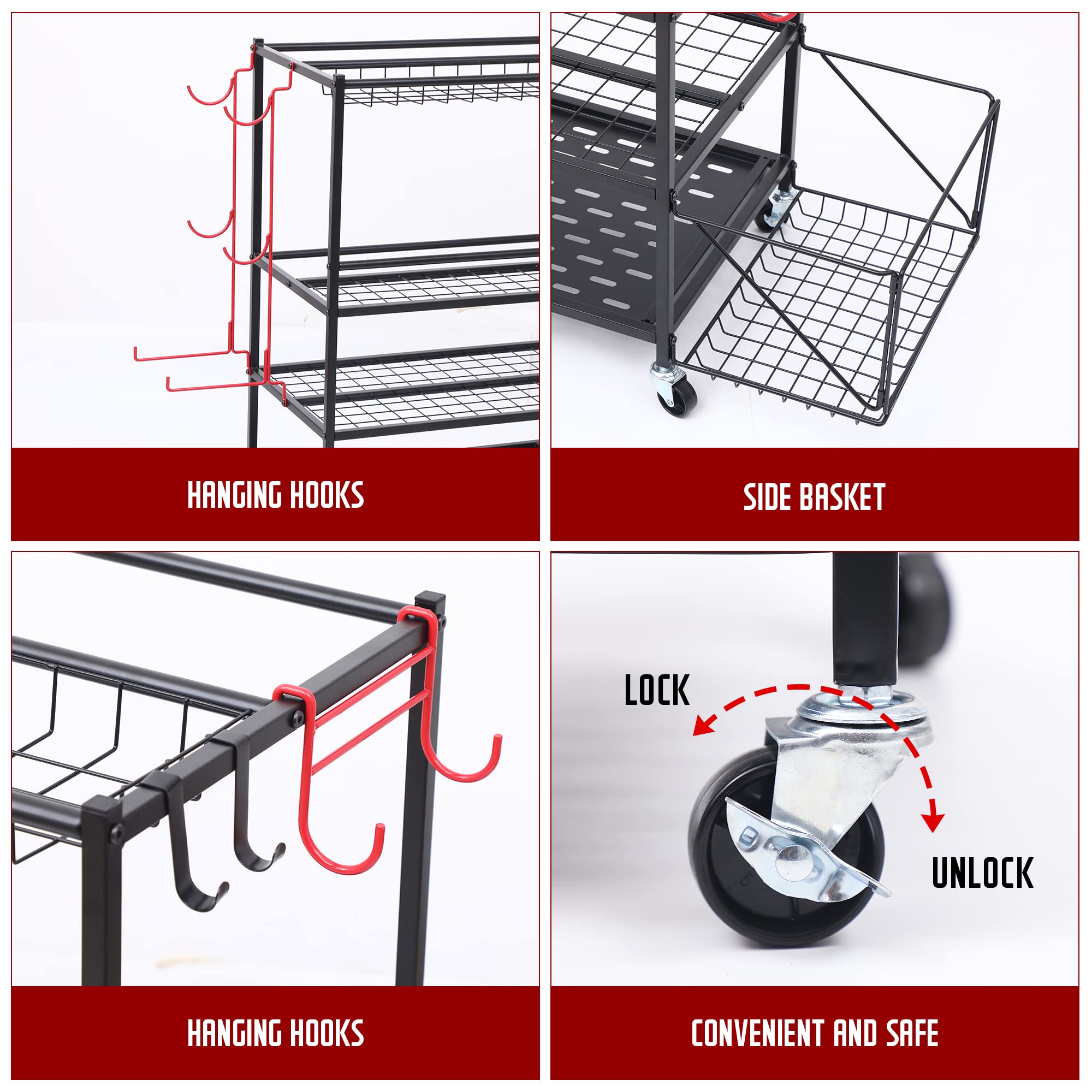 Nice C Outdoor Toy Storage, Garage Organization, Sports Equipment Organizer, Rolling Garage Storage System, Ball Storage Rack, Yoga Mat Storage with Hooks and Basket (4-Layer)