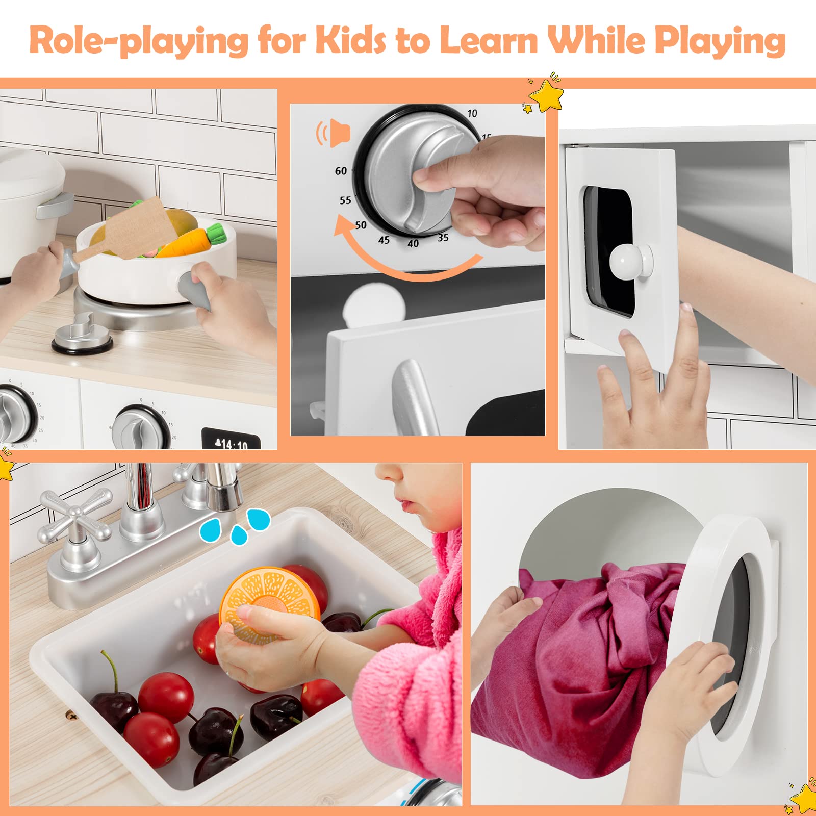 HONEY JOY Kids Kitchen Playset, 31 Inch Rooftop Wooden Play Kitchen for Toddlers, Microwave, Clock, Washing Machine, Cookware, Little Chef Pretend Play Toy Kitchen Set, Gift for Boys Girls, White