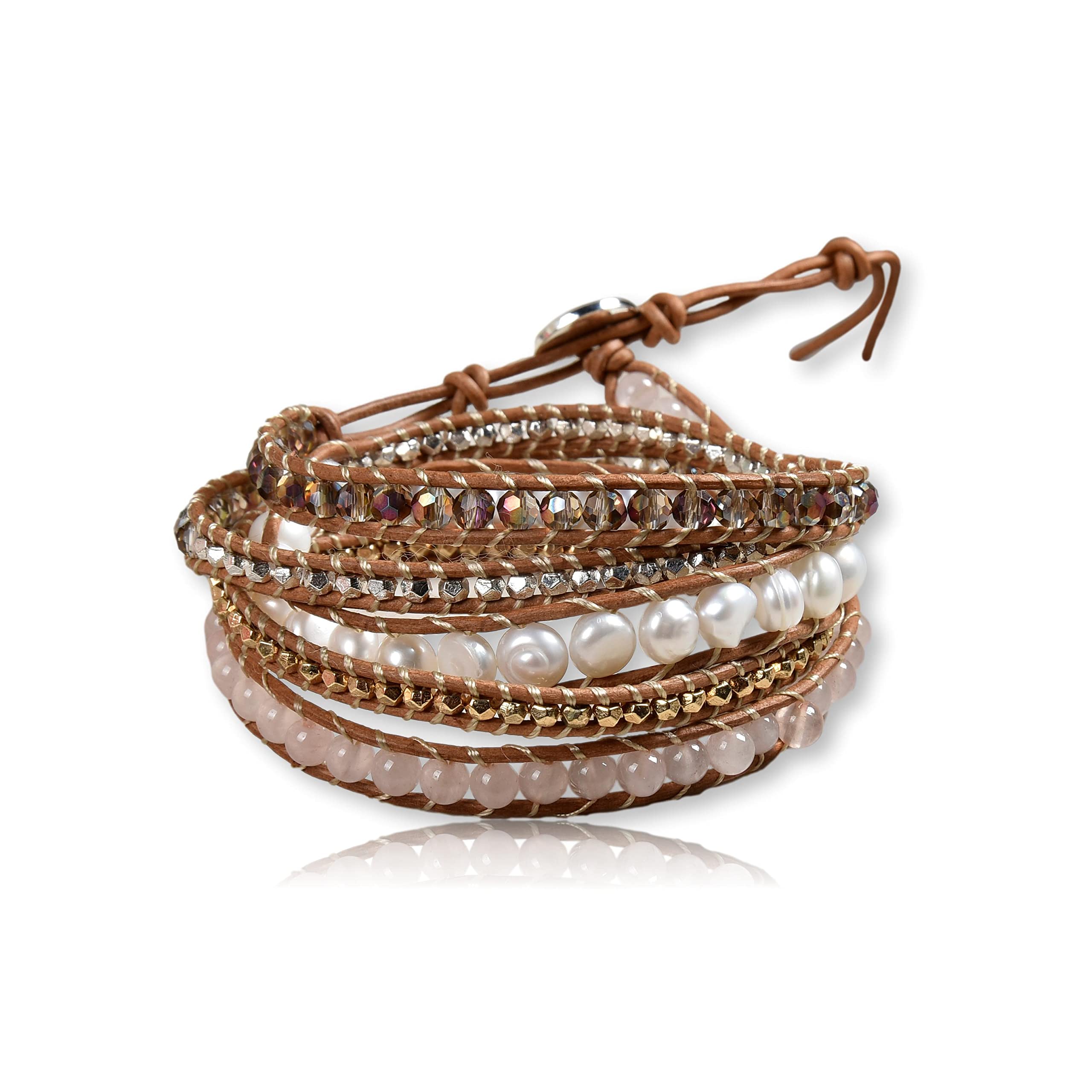 MGR MY GEMS ROCK! Hand Beaded Cultured Freshwater Pearl Genuine Rose Quartz Boho wrap Bracelet. Multi-Layer Leather Bracelet, 35" Long up to 5 wraps.