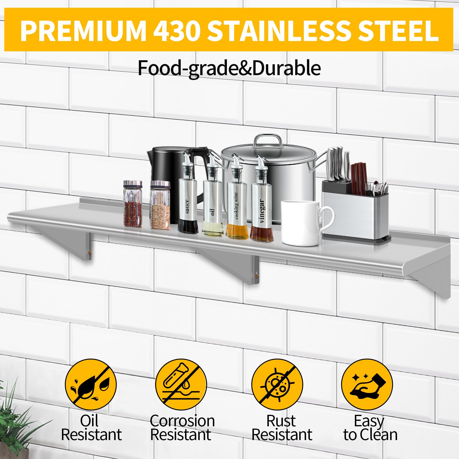 RAILEN Stainless Steel Wall Mounted Shelves, Floating Shelving with Brackets, Commercial Shelf Perfect for Restaurant Kitchen Bar Home and Hotel (12" D x 48" W)