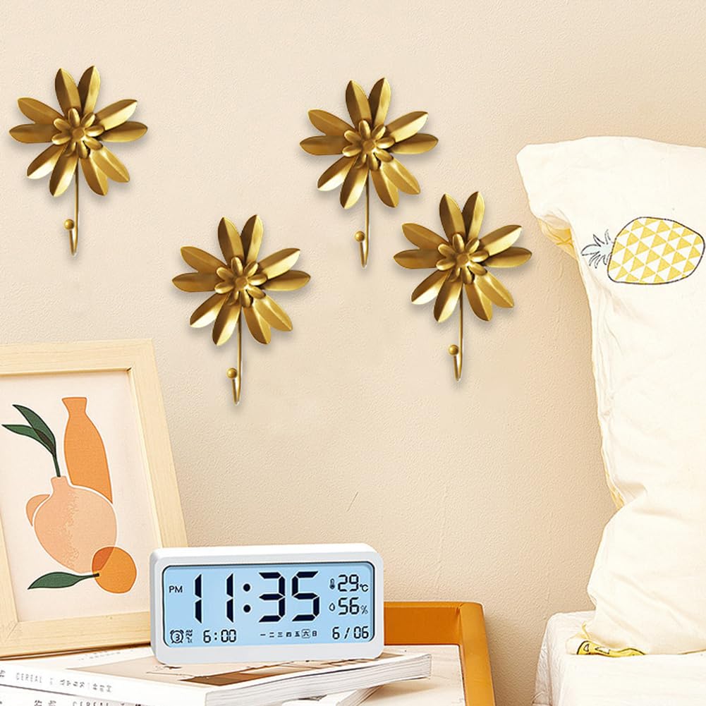Sdjdhej Golden Flower Single Hooks, 4Pcs Flower Retro Style for Room Wall Mounted Decoration, Coat Hat Scarf Hanging Entry Heavy Duty Hooks, Home Decor (C)