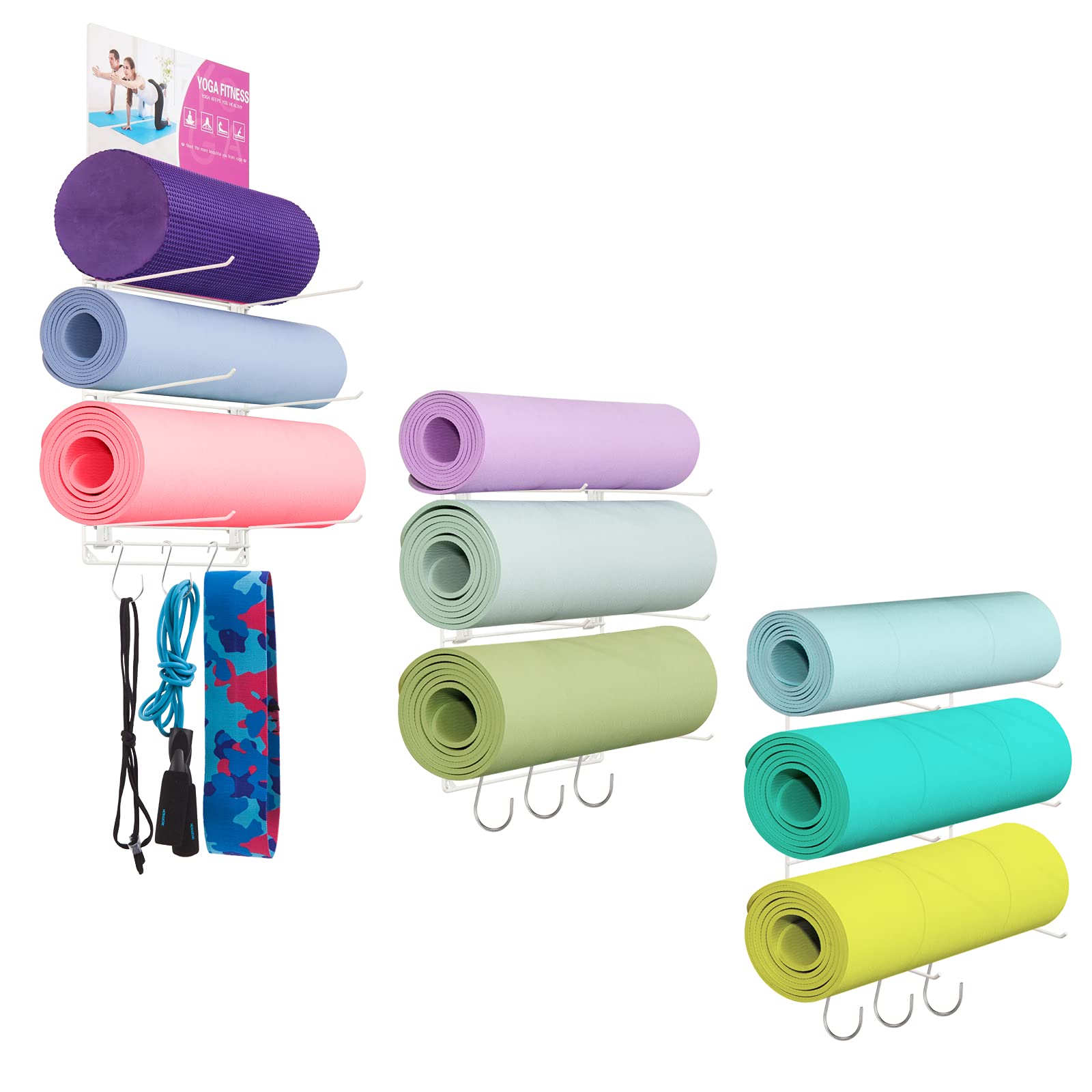 JIAMI HOME Yoga Mat Rack Wall Mount Foam Roller Storage Gym Organizer Yoga Mats Holder Yoga Mat Organizers and Storage Metal Grid Hooks Adjustable