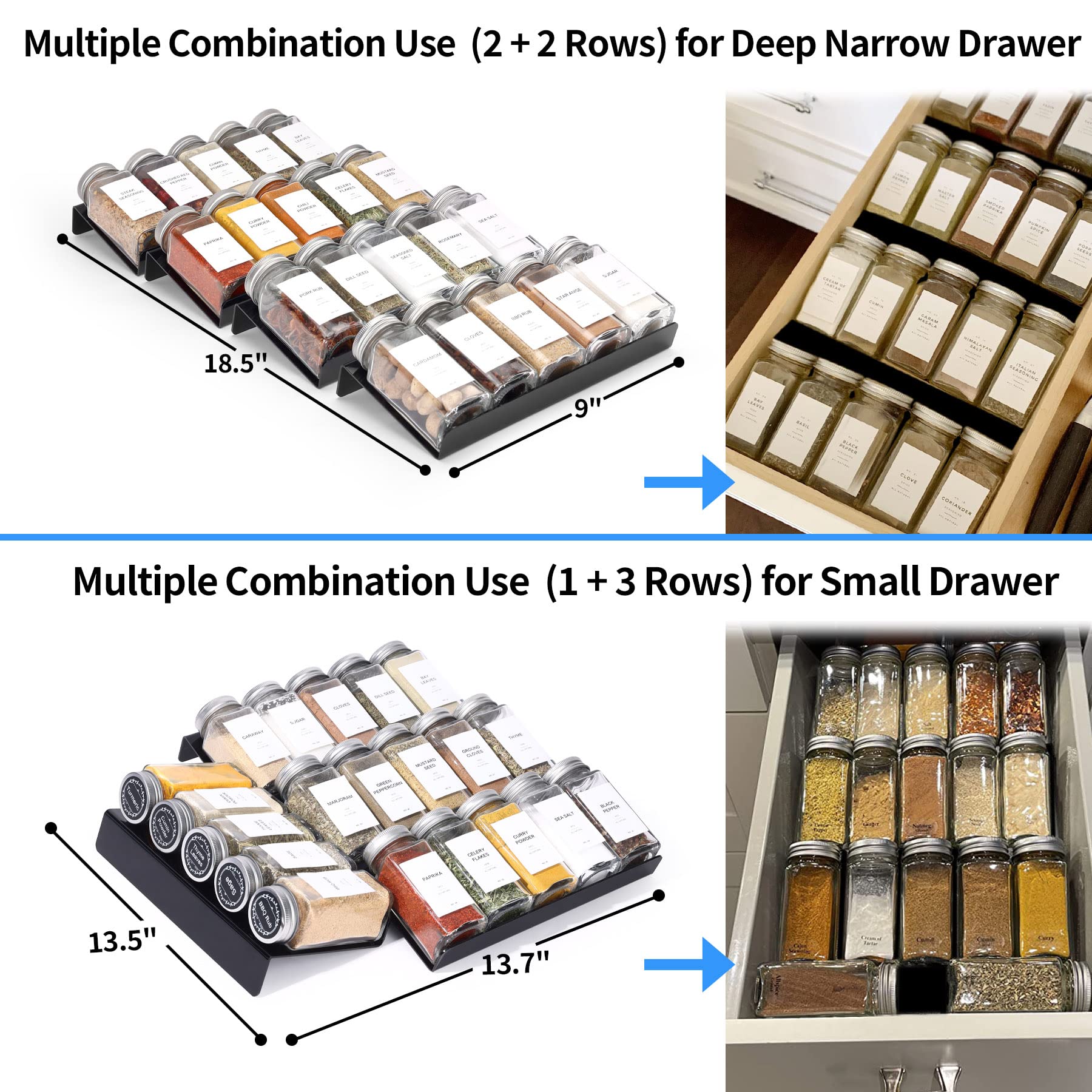 MIUKAA Spice Drawer Organizer for Drawers Wider Than 9 inches, Black Acrylic 4 Tier Seasoning Jars Drawers Insert, Kitchen Spice Rack Tray for Drawer/Countertop (Jars not included)