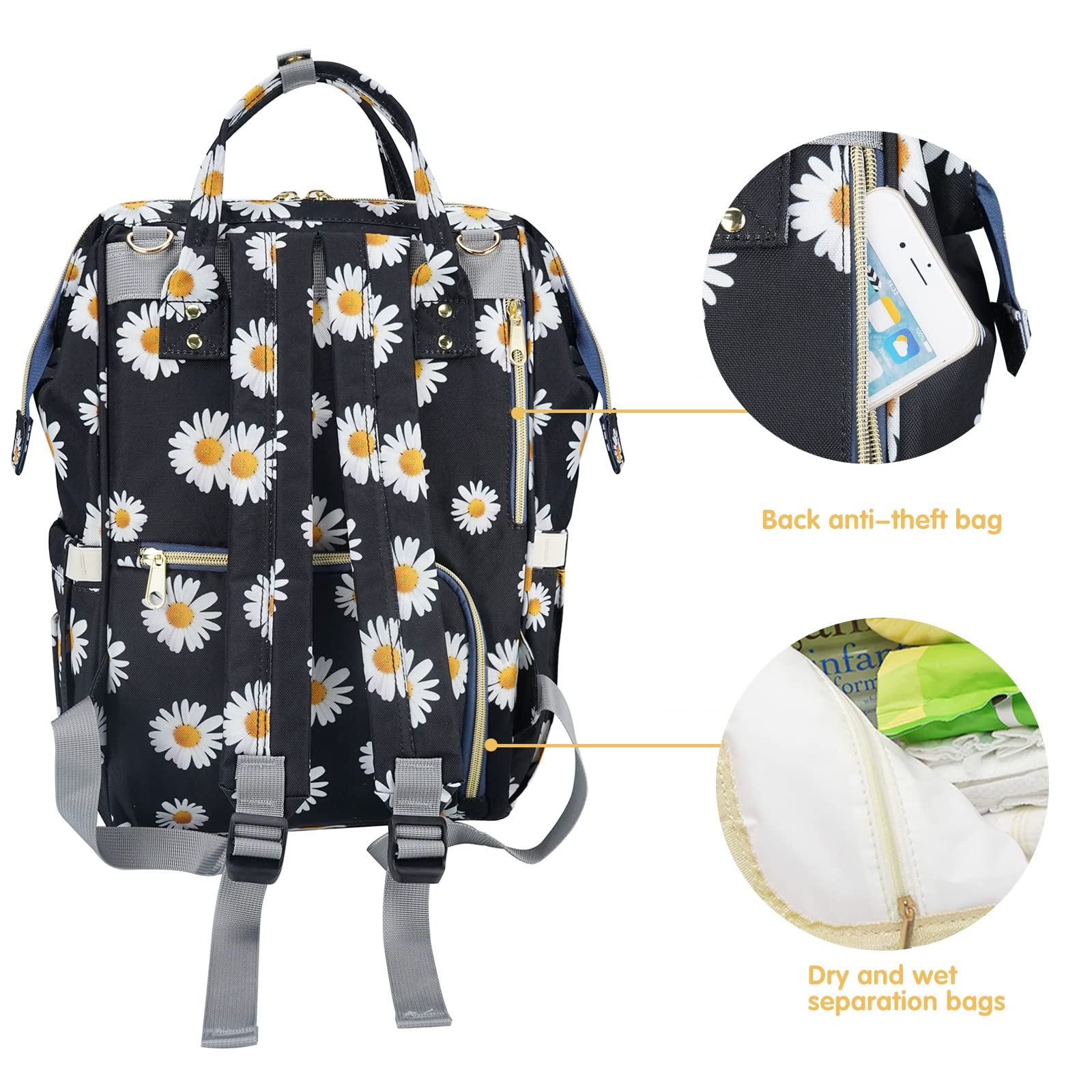 MCWTH Daisy Diaper Bag Backpack for Baby Girls, Multifunction Nappy Bags for Women Maternity (Black)