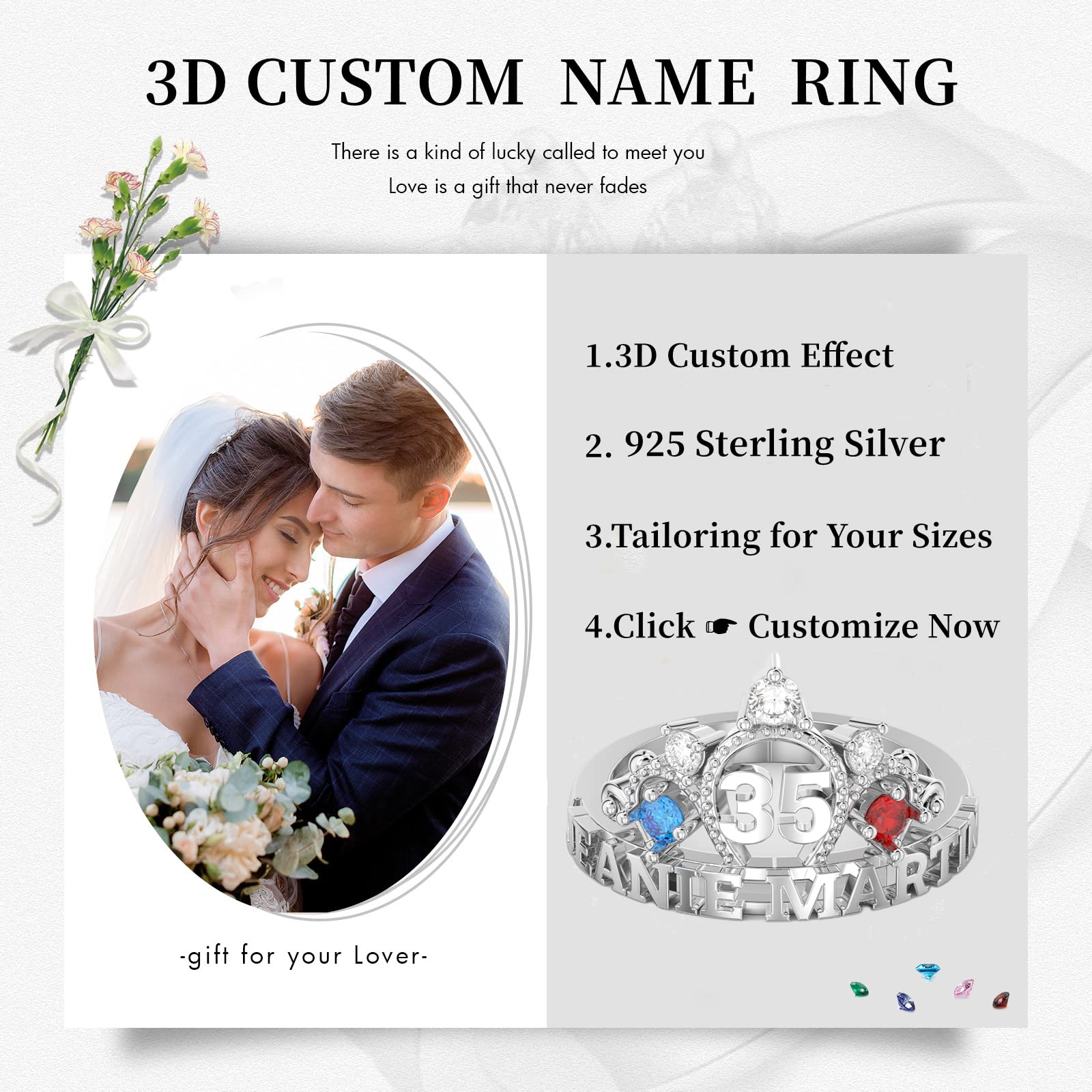 Luxladis Creative 3D Custom Name Initial Ring with Princess Crown Birthstone Rings for Women Bride Engagement Ring Dainty 925 Sterling Silver Personalized Promise Rings for Her (custom name & number)