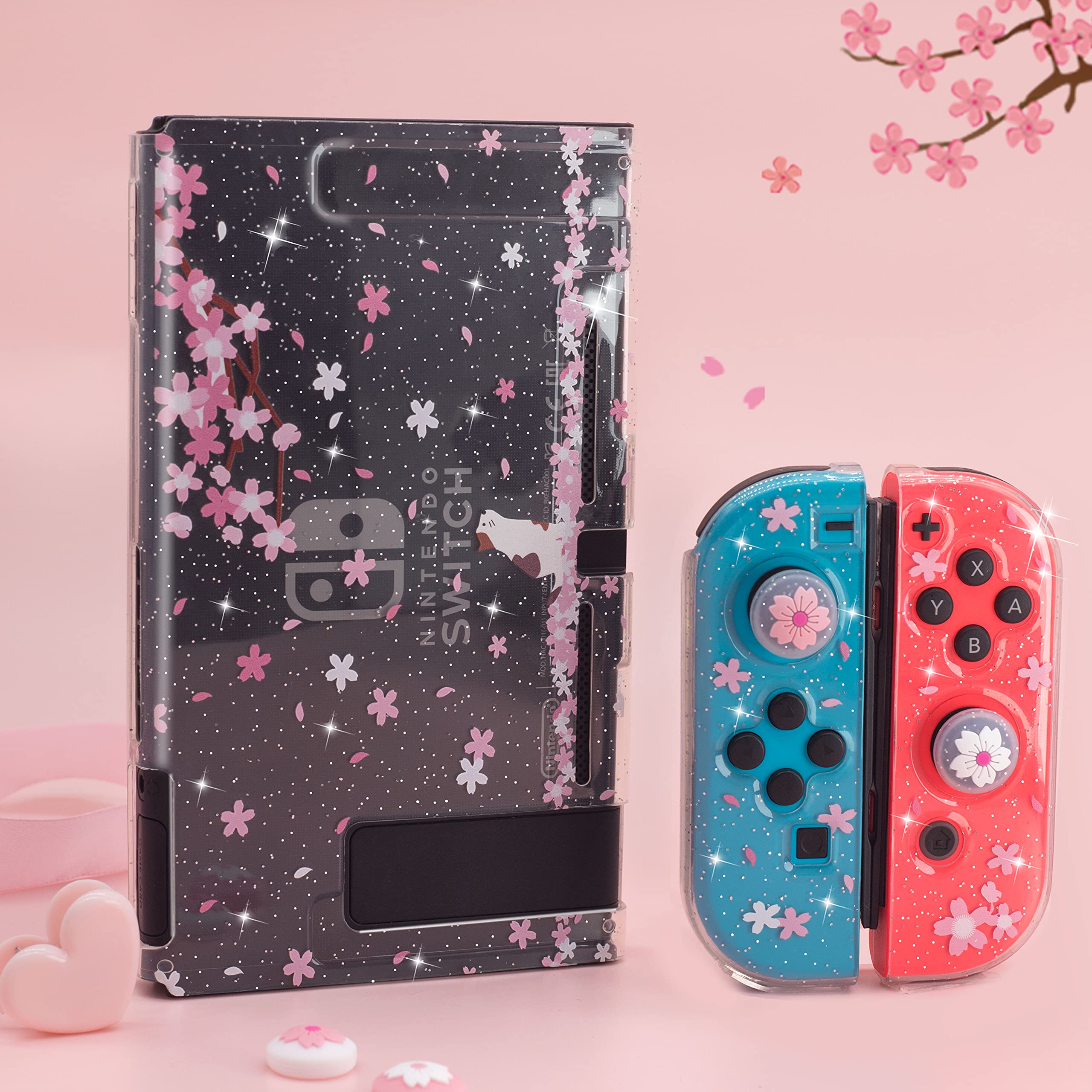 Kawaii Glitter Clear Case for Nintendo Switch,BRHE Soft TPU Dockable Protective Cover Cute Cat Bling Skin for Girls with Screen Protector Thumb Grips – Cherry Blossom Pink