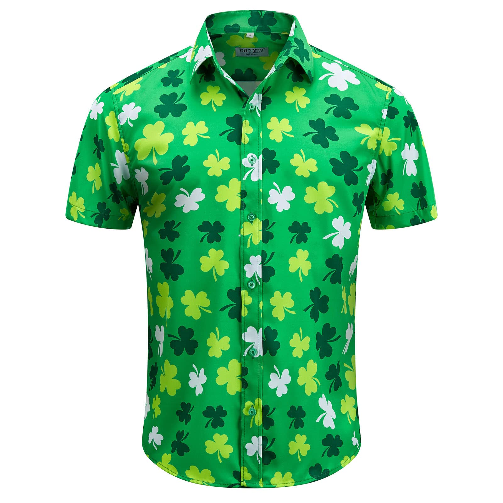 Men's St. Patrick's Day Shirt Funny Irish Flag Clover Short Sleeve Hawaiian Casual Button Down Shirt(Clover,L