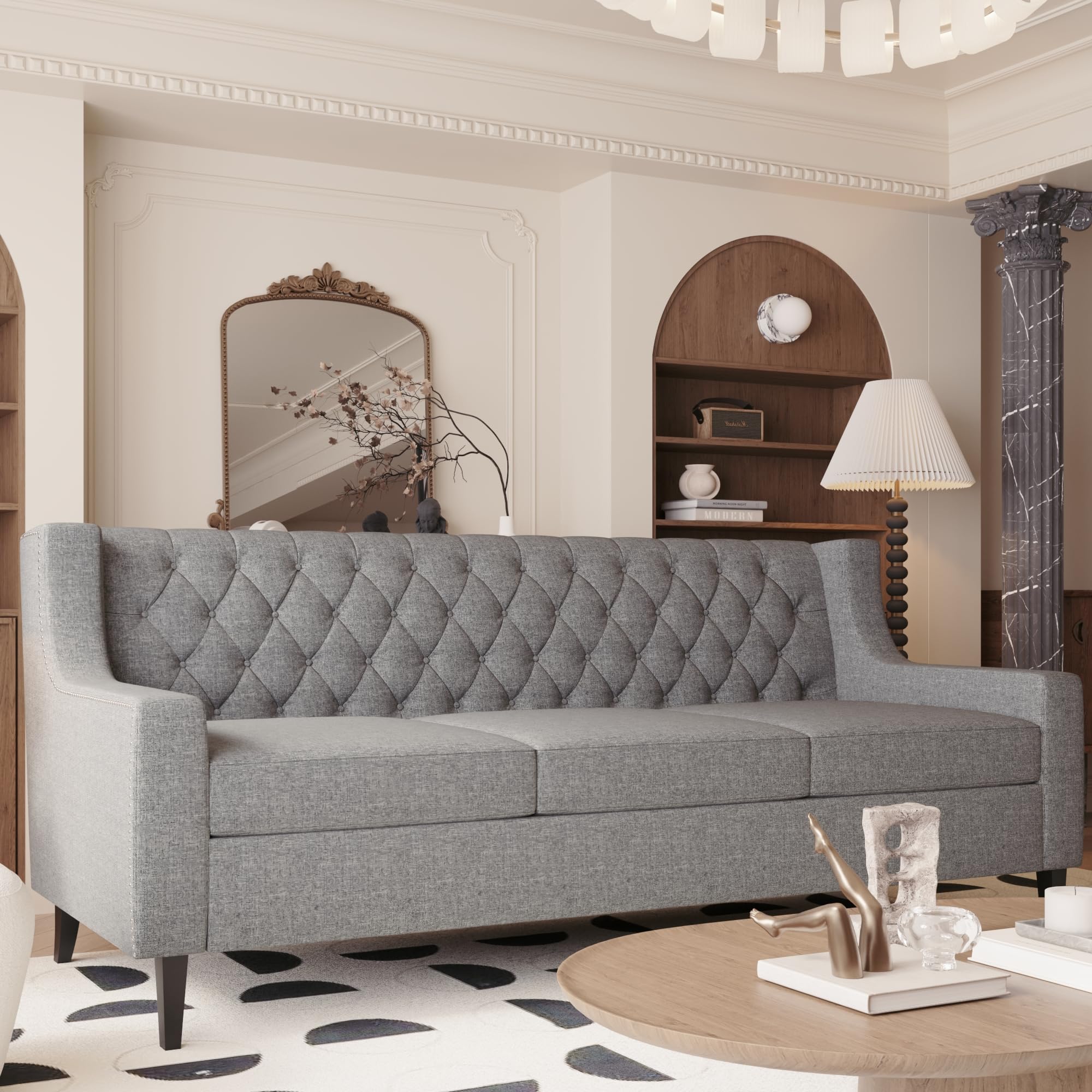 QHITTY 3 Seater Living Room Sofa, 79" Comfy Couch with High Back and Armrests, Button Tufted Mid-Century Modern Sofa, Deep Seats Sofa for Apartment, Living Room, Small Space, Apartment (Grey)