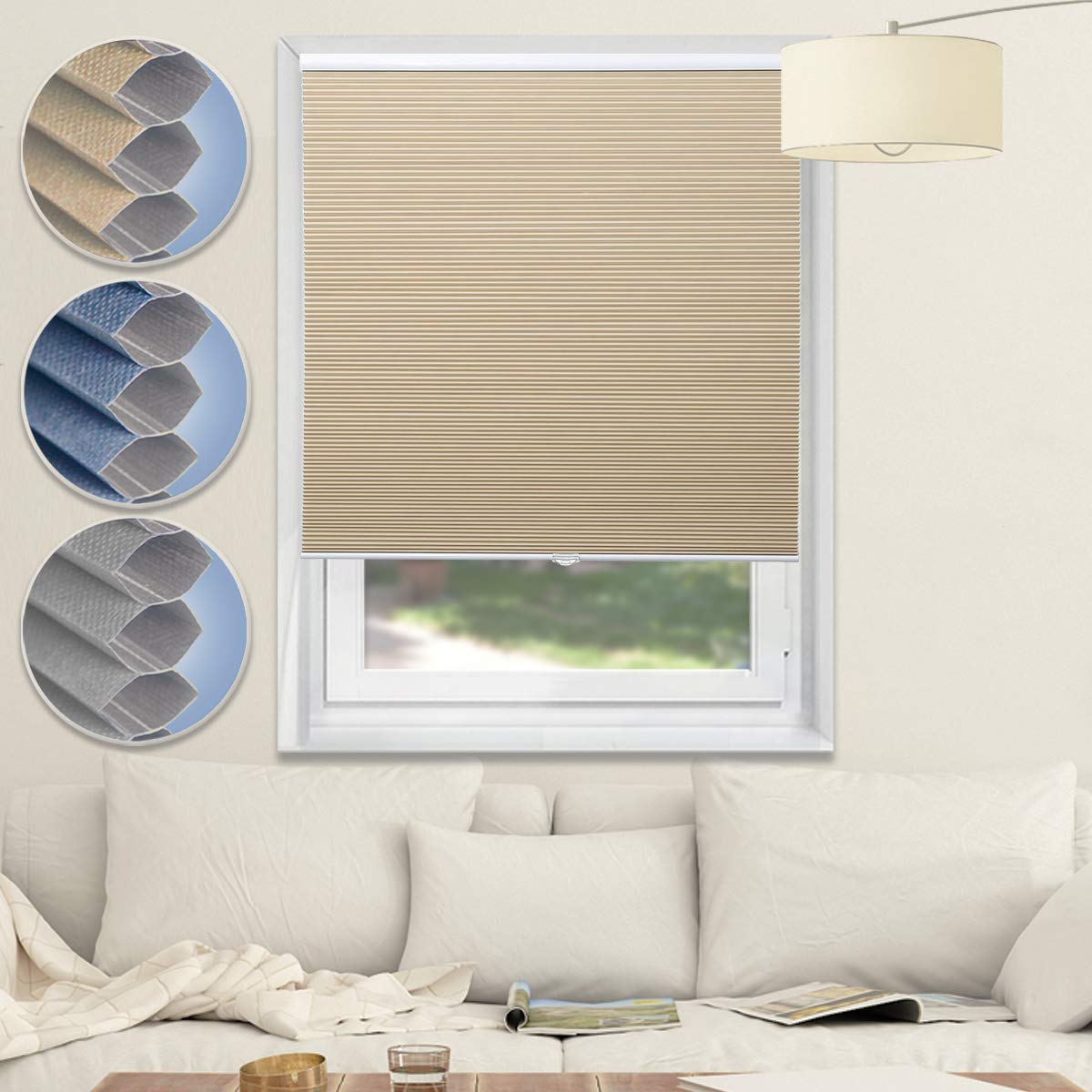 Honeycomb Blinds Cellular Shades Window Blinds and Shades Blackout Blinds Fabric Blinds for Home and Office, Beige-White, 39x64