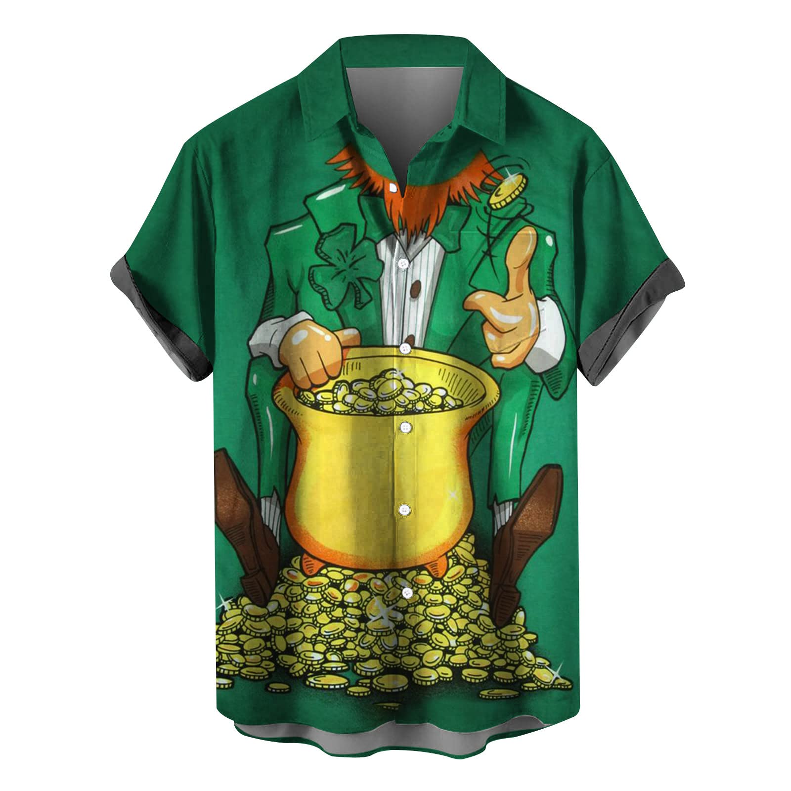 Men's St. Patrick's Day Button Down Shirt - St. Paddy's Hawaiian Shirts for Guys Irish Shamrock Leprechaun Tops