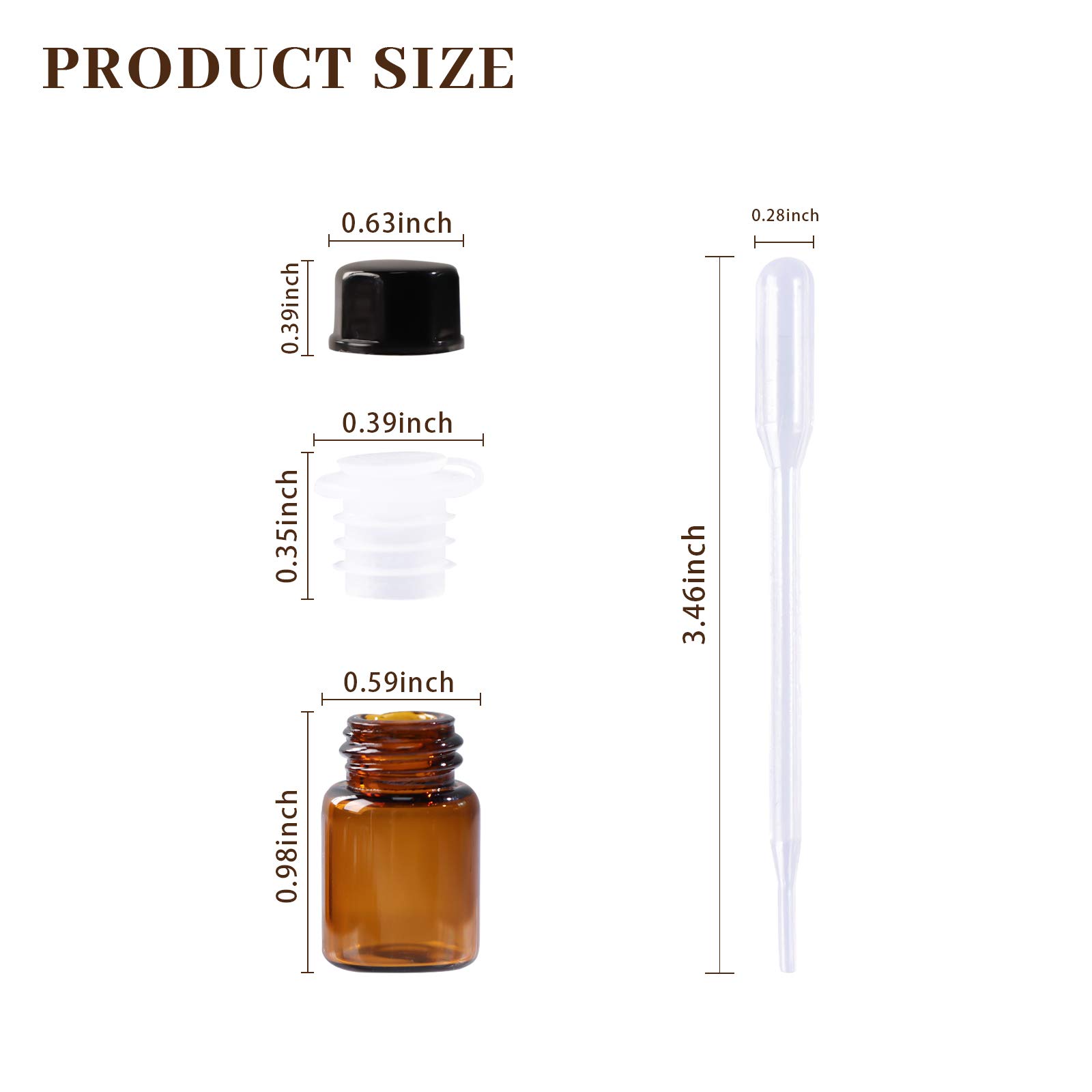 HWASHIN 100 Pack 2ml (5/8 Dram) Amber Mini Glass Essential Oils Sample Bottles with Black Caps for Essential Oils, Perfumes & Lab Chemicals (30ml Measuring Cup and 5 Droppers Included)