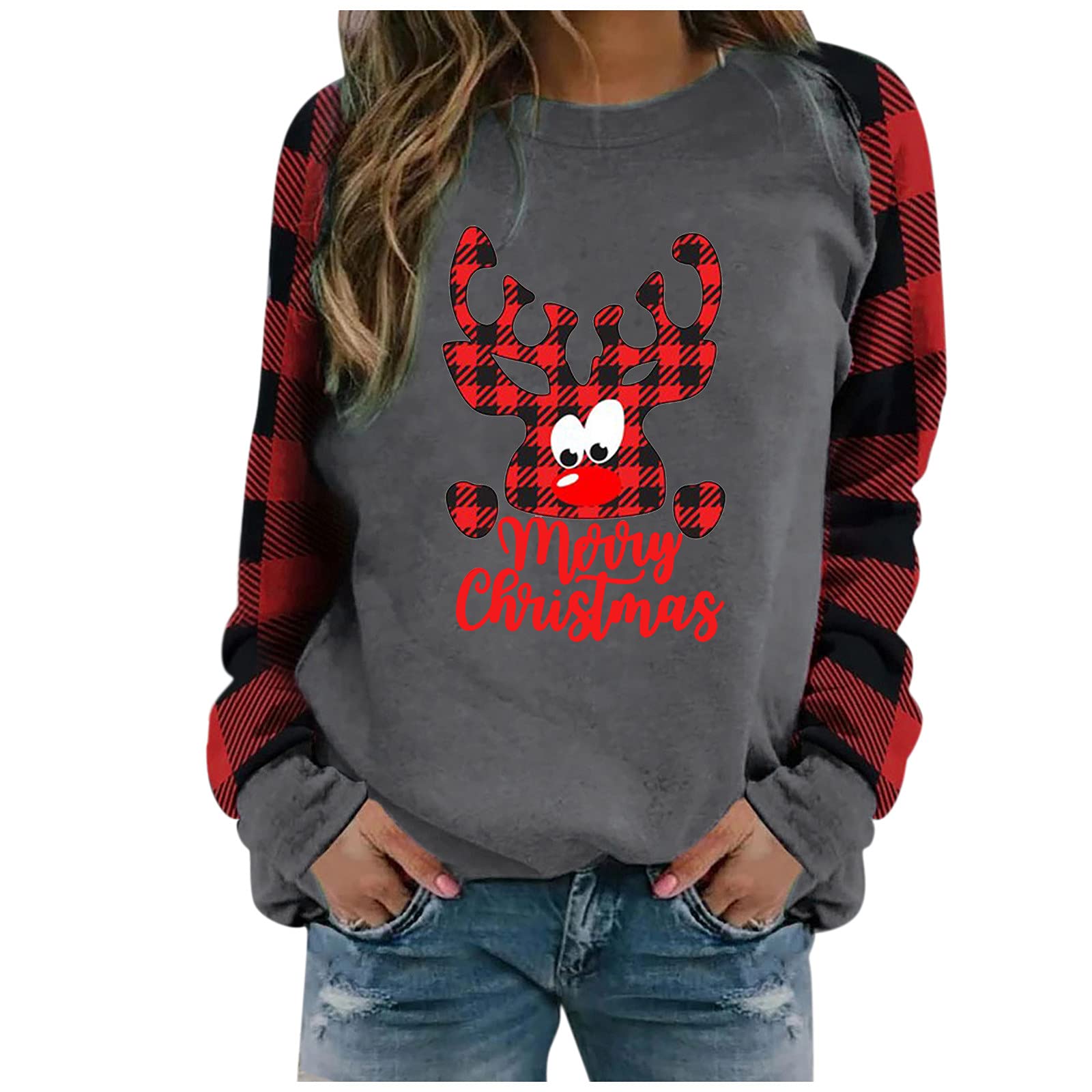 Pullovers For Women Casual Christmas Print Pullover Oversized Long Sleeve Tees Fashion Casual Hoodie Tops Baseball T-Shirt Red