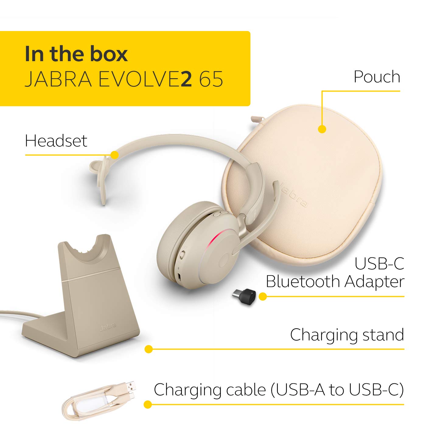Jabra Evolve2 65 USB-C MS Mono with Charging Stand - Beige Wireless Headset/Music Headphones