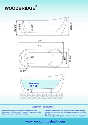 WOODBRIDGE 67"Freestanding White Acylic Soaking Bathtub with White Pillow,Drain and Overflow in Brushed Gold,BTA1508 -BG-Drain &O+ Pillow
