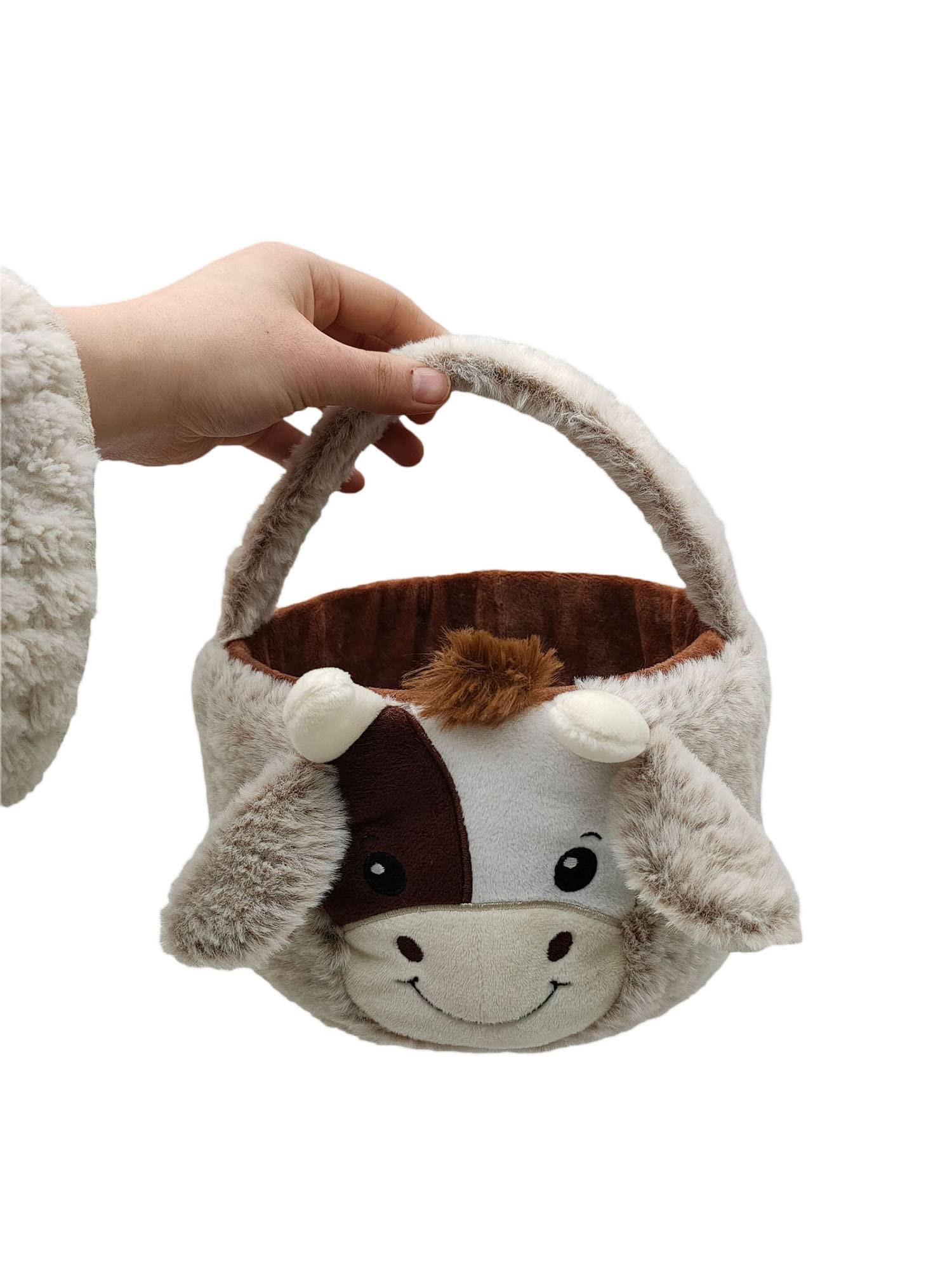 My First Easter Basket for Kids Easter Plush Cow Basket Bags with Plush Ear Easter Eggs Hunting Bag Cute Candy Gifts Storage for Boys Girls (White, 25cm)