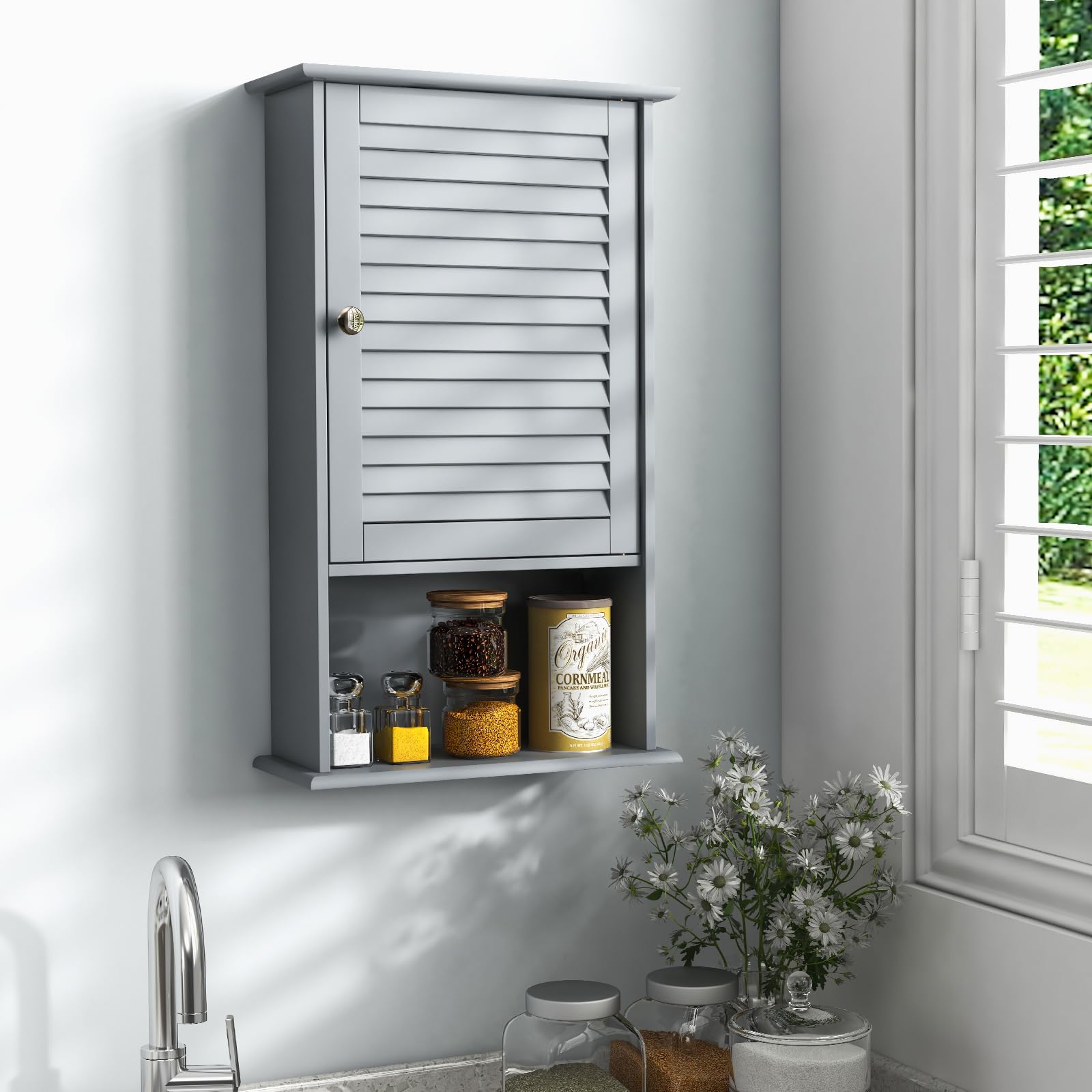 Safeplus Bathroom Wall Cabinet, Medicine Cabinet with Adjustable Shelves, Ideal for Bathroom, Kitchen, Living Room (Grey, BA7597)