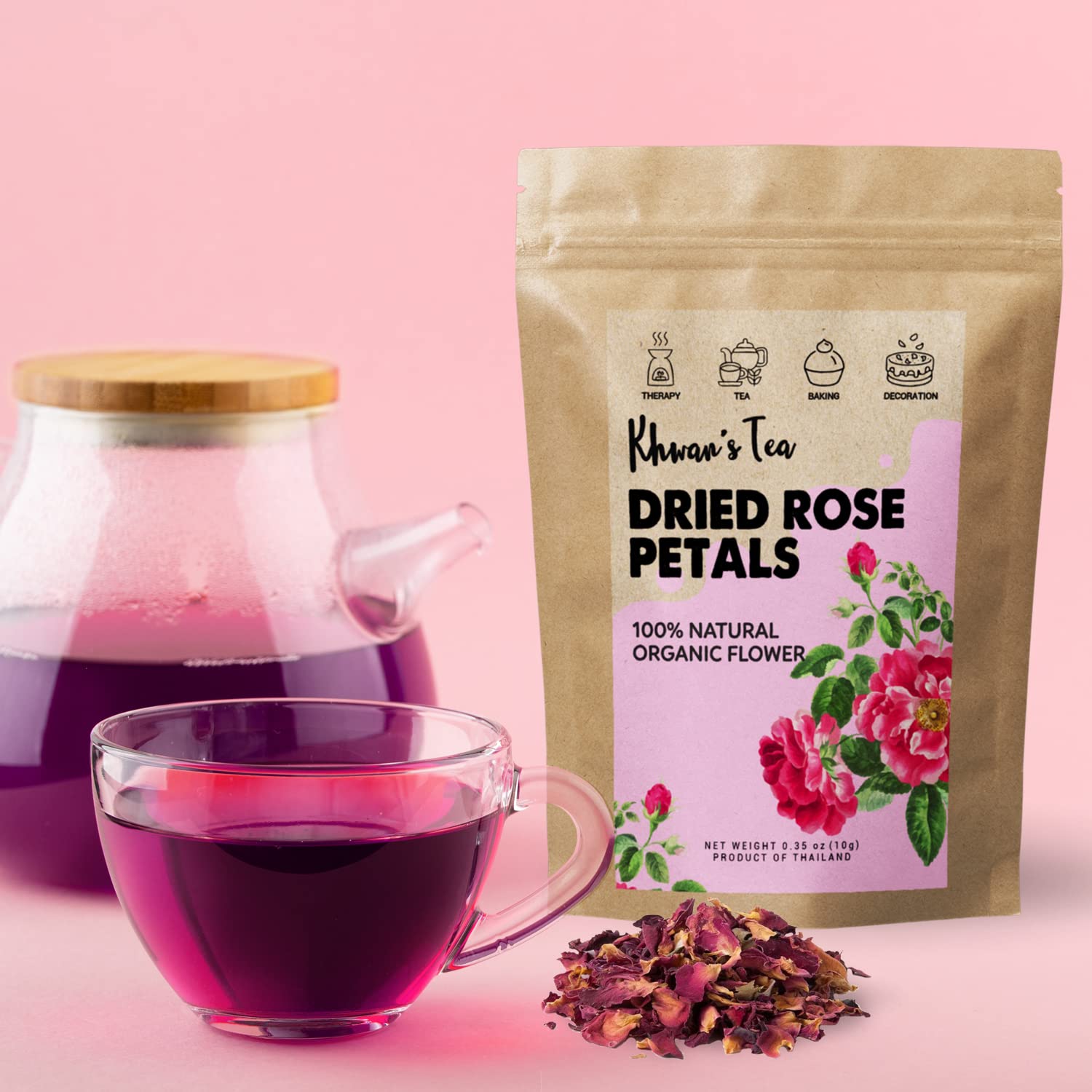 KHWAN'S TEA Premium Dried Rose Petals - Plant-based & Edible Flowers for Baking Decoration, Desserts, Syrup, DIY Crafts, Candle, Bath & Fragrant Soap - Herbal Tea, 0.35oz (10g)