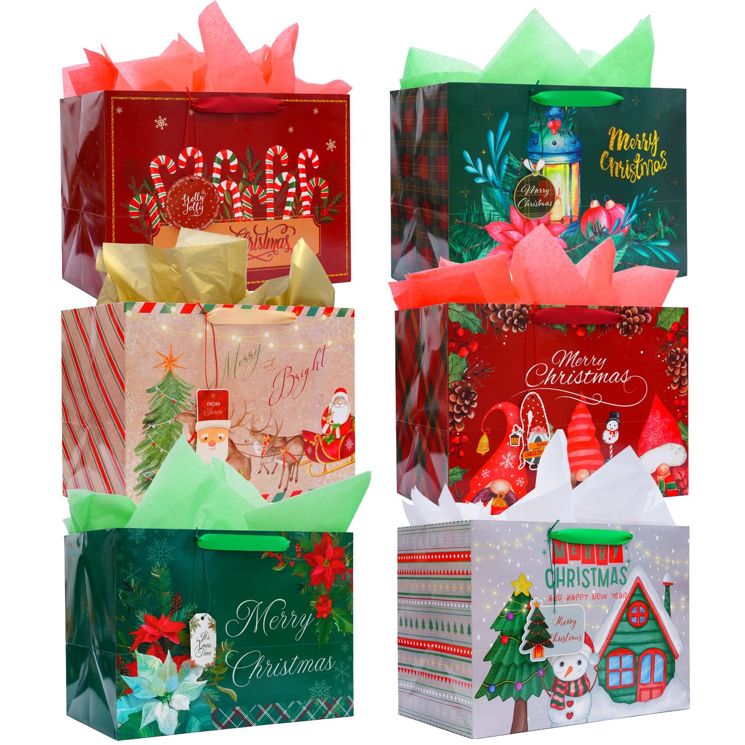 Nihuecne 12 Pack 17" Extra Large Christmas Gift Bags with Handles and Tags, Reusable Holiday Gift Bags with Tissue Paper for Wrapping Giant Xmas Holiday Presents, 6 Designs (17 x12 x 10 In)