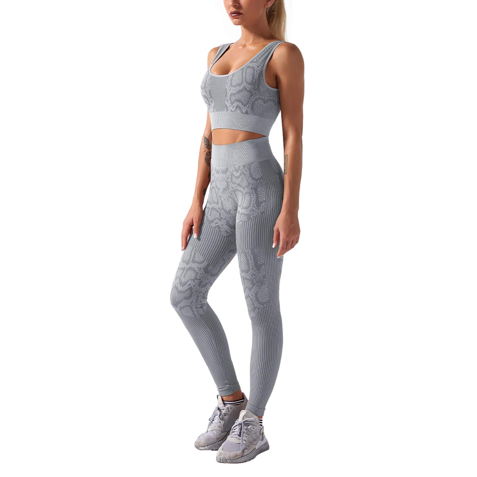 Hotexy Women Workout Set Active 2 Pieces Snake Print High Waisted Leggings with Paded Sports Bra Crop Top Deep Blue
