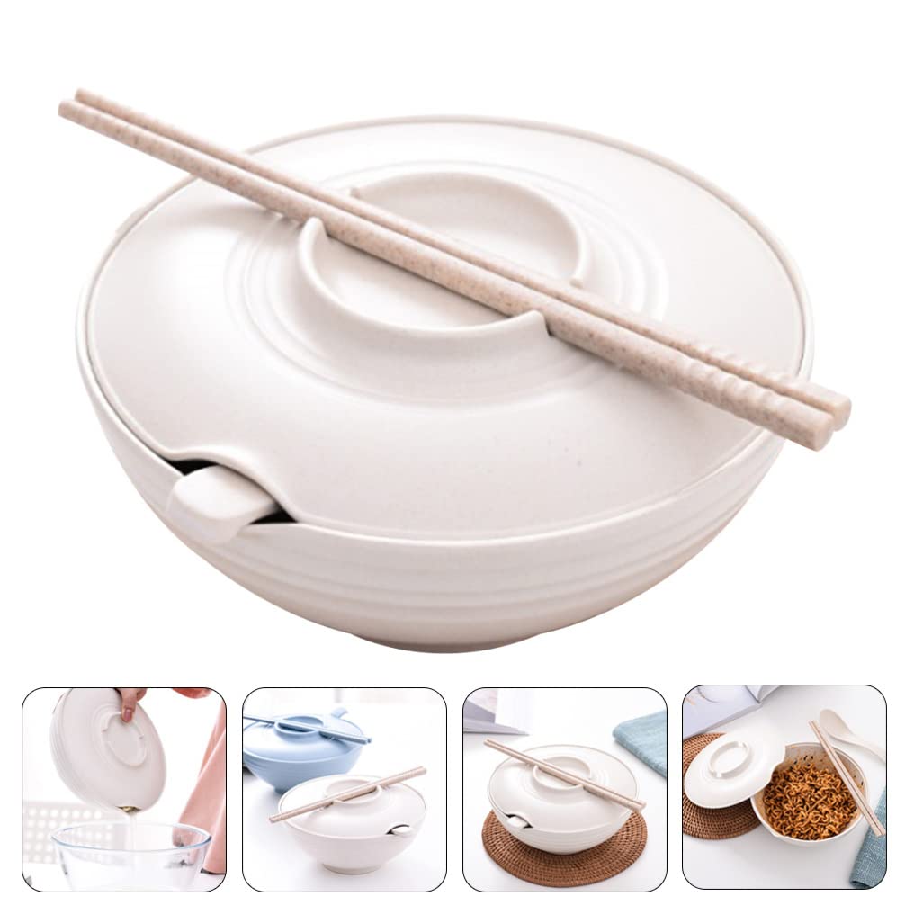 Kichvoe 1 Set Instant Noodle Bowl Rice Bowl Porcelain Ramen Bowl Ramen Bowl with Chopstick Ceramic Bowl with Lid Fruit Bowl Melamine Bowls Dessert Cereal Ceramics White Unbreakable Bamboo