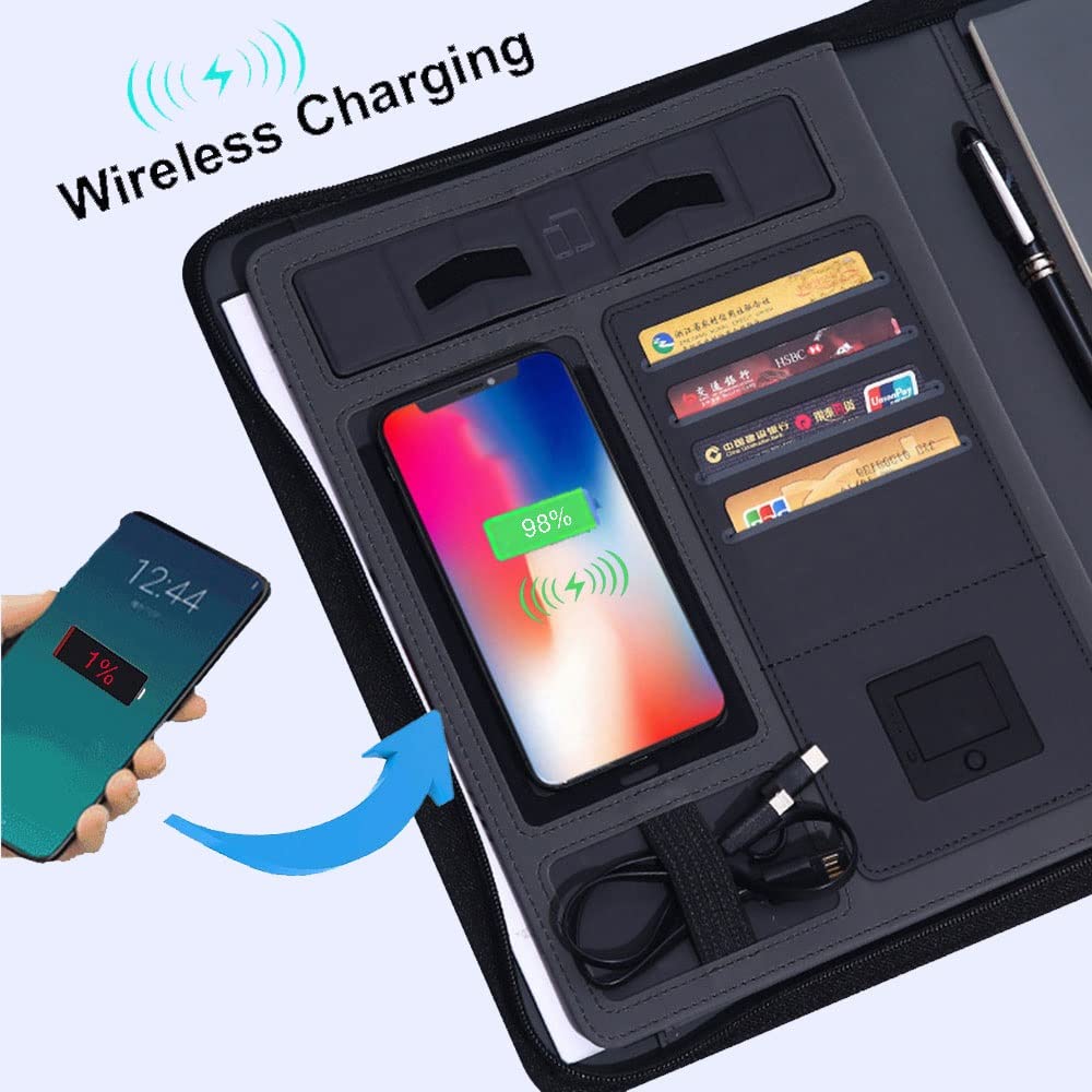 HOUKAI A4 Charging Portfolio Folder Multifunction Zipper Binder with 6000mah Power Office Notebook Organizer (Color : E)