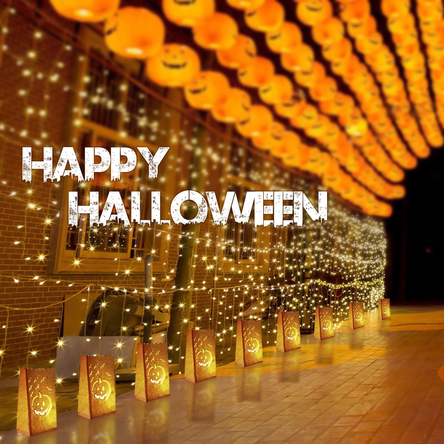 Homemory 24 Pack Halloween Luminary Bags, Flame Resistant Luminaries, Orange Tea Light Candle Bags for Halloween Decoration, Parties, Fall Festival