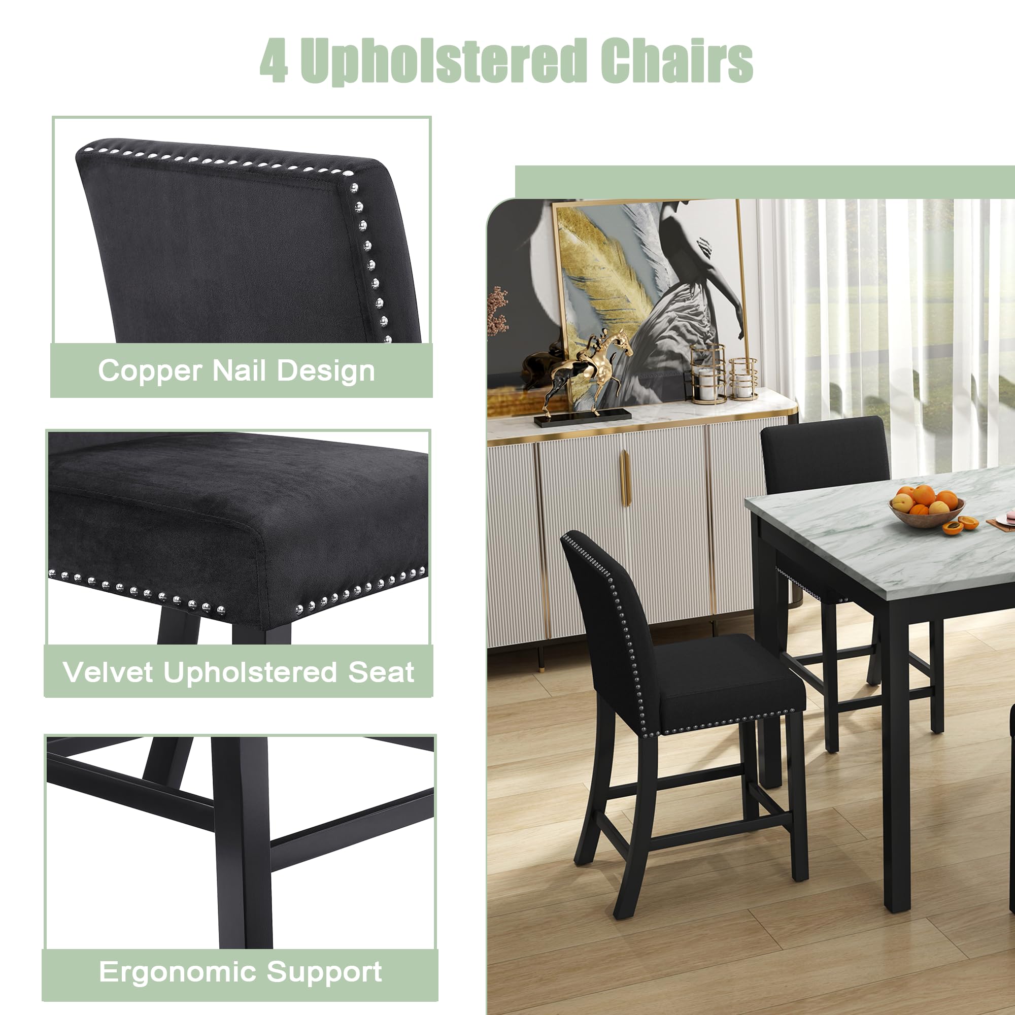 Harper & Bright Designs 5-Piece Counter Height Dining Table Set,Kitchen Table Set with One Faux Marble Dining Table and 4 Upholstered-Seat Chairs for Kitchen and Living Room Furniture,Gray