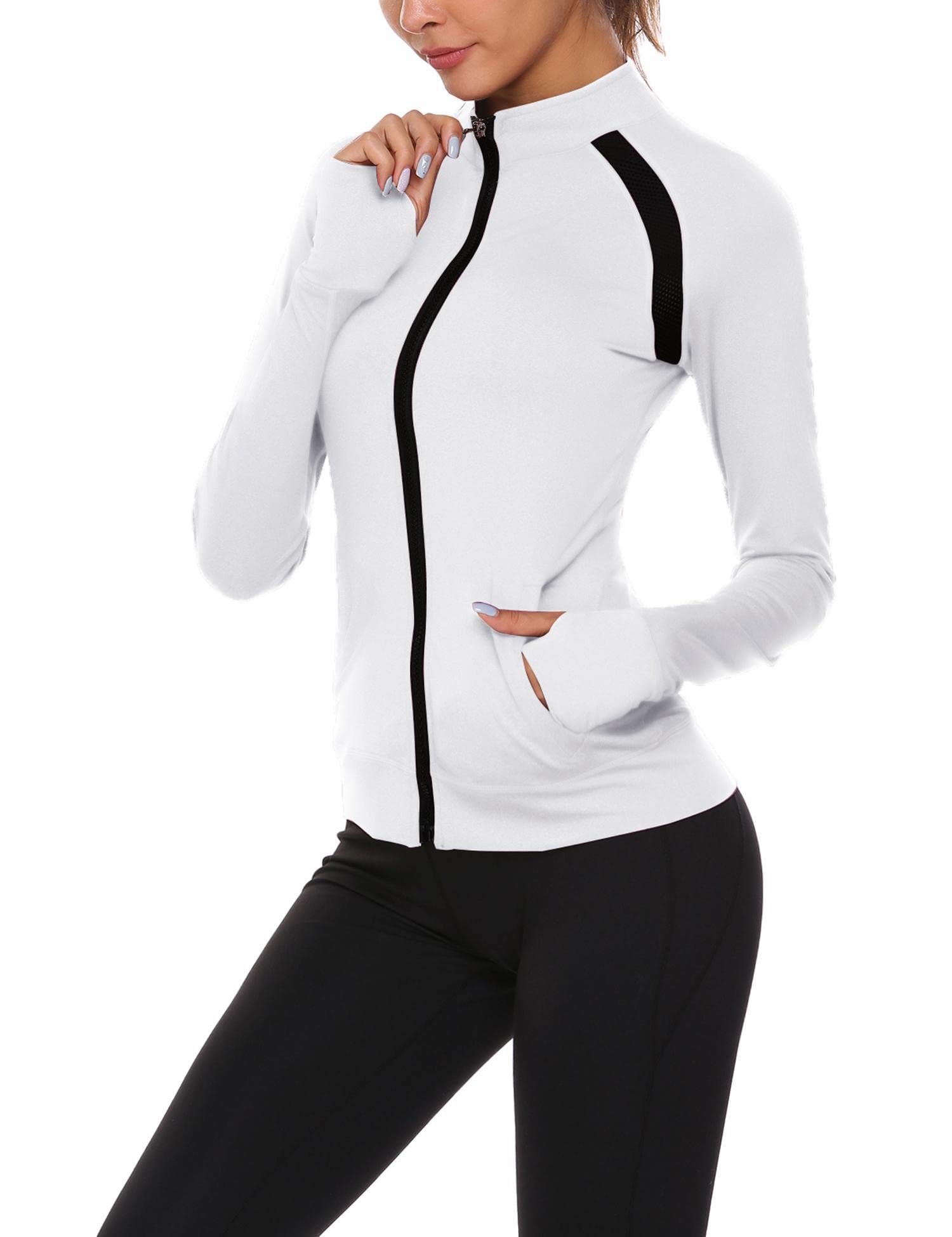 HOTLOOX Women's Yoga Jacket Athletic Workout Running Jacket Full Zip Up Sportswear Lightweight Tops White L