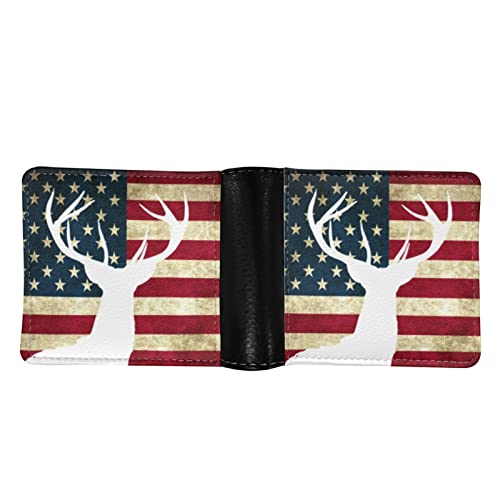 LedBack American Flag Deer Print Men's PU Leather Bifold Wallet Card Case Holder Money Organizers