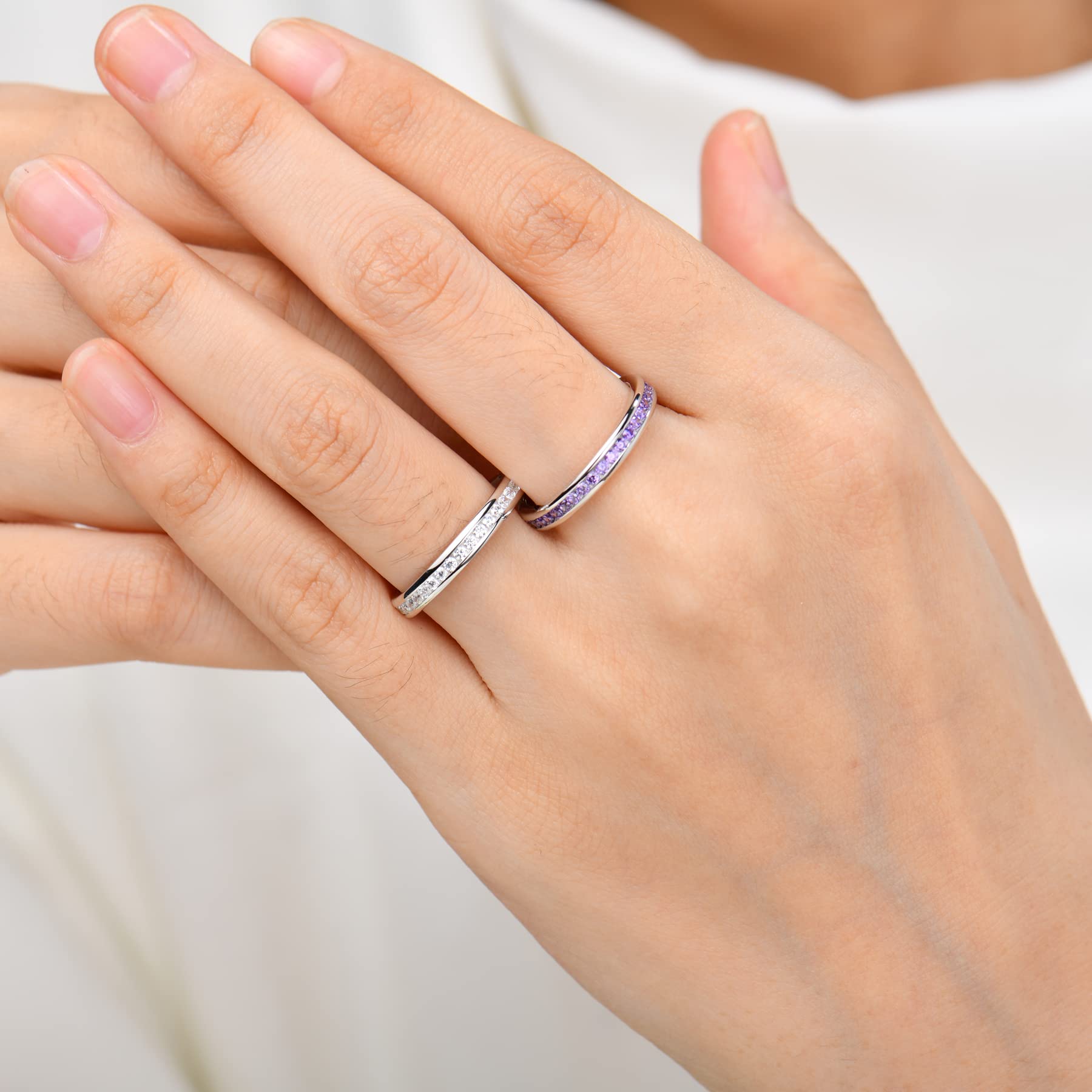 JO WISDOM 925 Sterling Silver Wedding Band Cubic Zirconia Eternity Stackable Engagement Ring Size 9,February Birthstone Amethyst Color