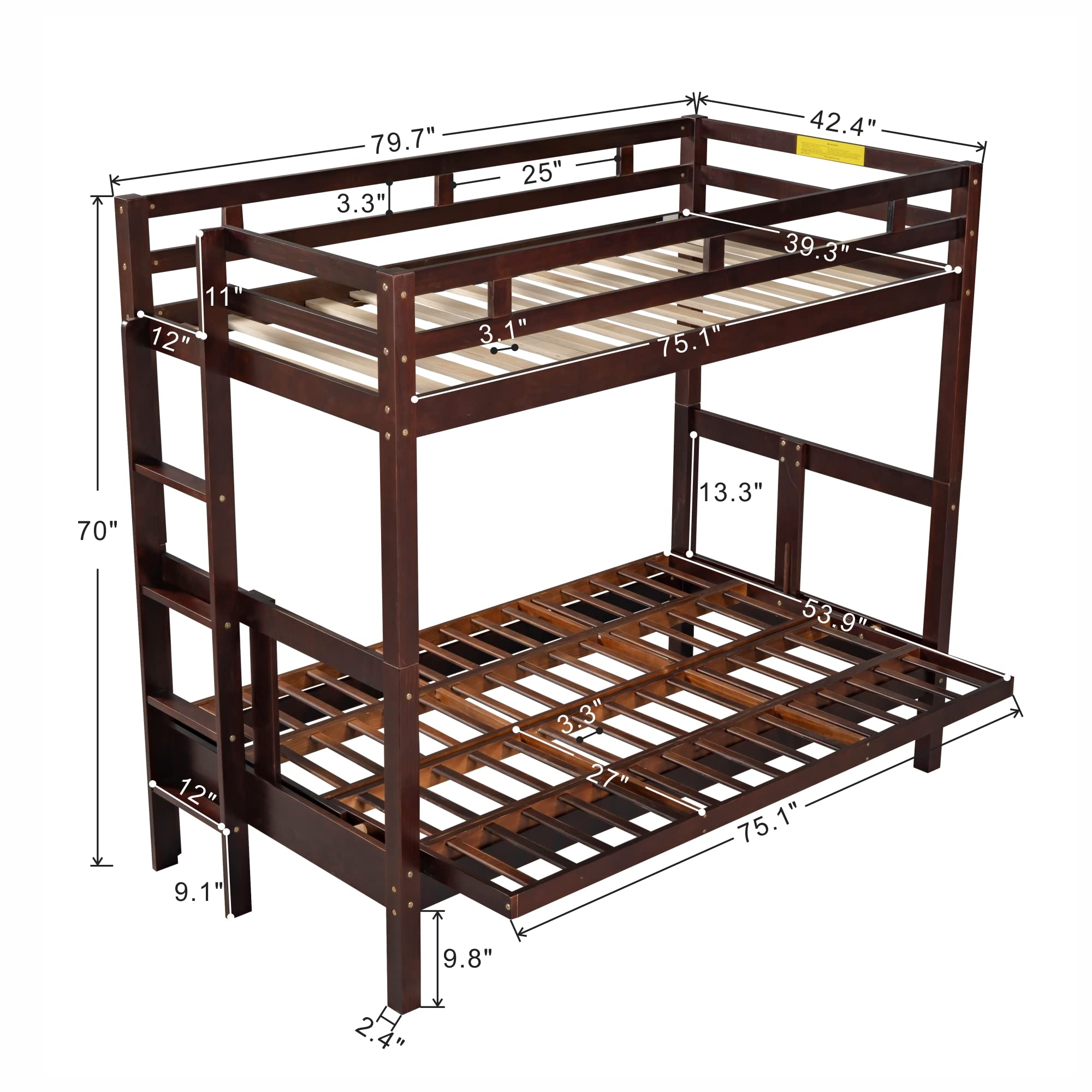 Harper & Bright Designs Twin Over Futon Bunk Bed,Wood Futon Bunk Bed Frame,Twin Over Full Bunk Bed with Couch,Detachable Bunk Bed Futon for Kids,Teens,Espresso