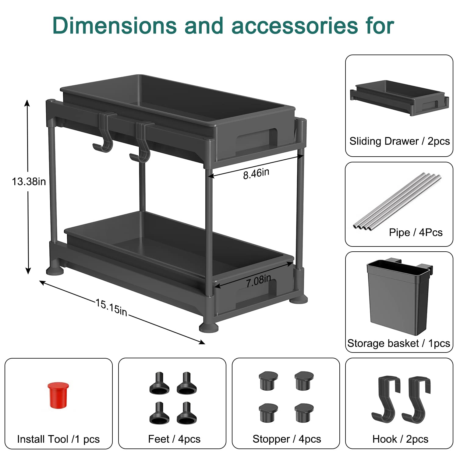 LBW 2 Packs Under Sink Organizer and Storage, 2 Tier Sliding Bathroom Cabinet Organizers Multi-Purpose Kitchen Organization and Storage,Drawer Pantry Organizer with Hooks,Black (Pack of 2)