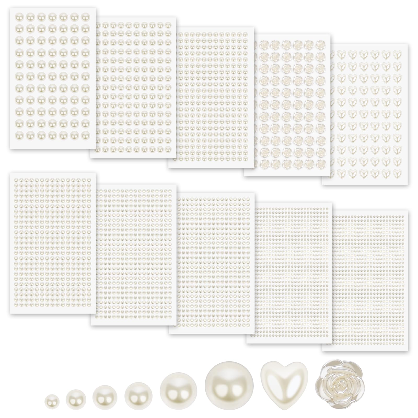 MYDBUYSOME 3701PCS Pearl Stickers Pearls for Crafting - Self Adhesive Pearls for Hair Face Makeup Eye Nail Crafts, Stick On Gems (White, Assorted Sizes)